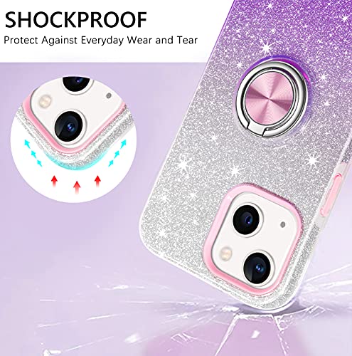 GUAGUA Compatible with iPhone 13 Mini Case 5.4 Inch Glitter Sparkle Bling Cute Cover for Girls Women with Pink Ring Holder Kickstand Shockproof Protective Case for iPhone 13 Mini Gradient Purple