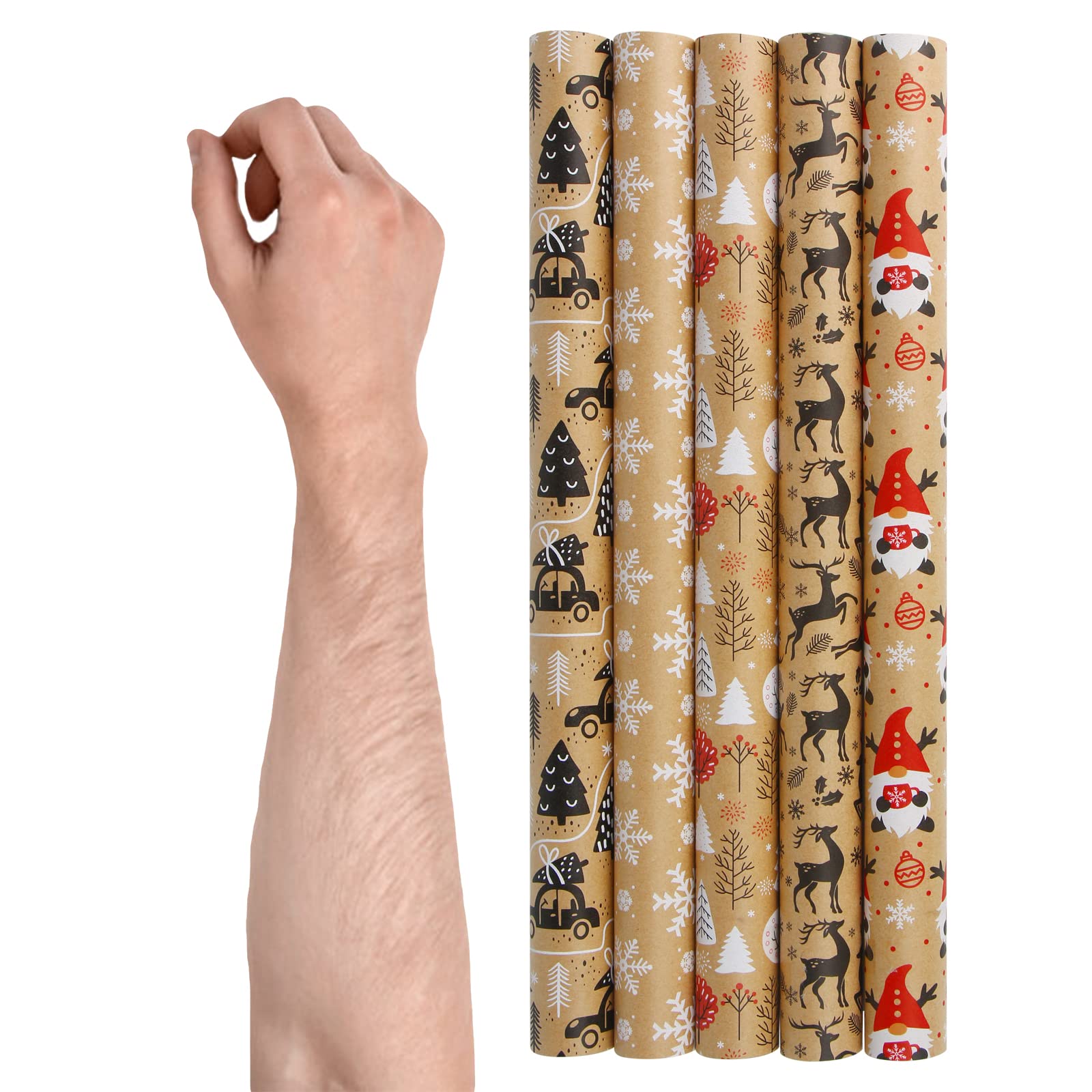 KIMOBER 5 Rolls Christmas Wrapping Paper,Brown Kraft Paper with Xmas Elements and Cut Lines on Reverse(17in × 118in Per Roll)
