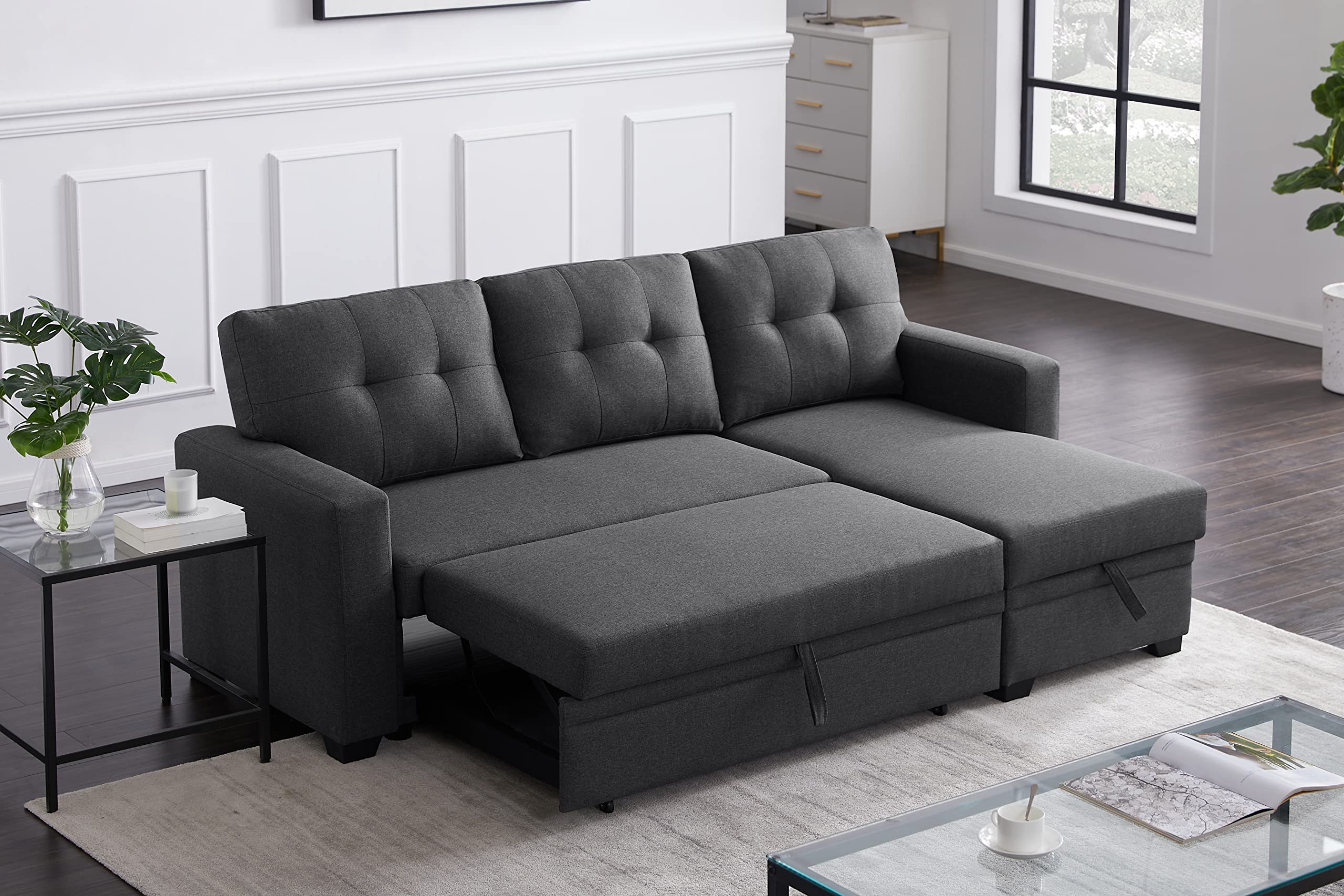 L-Shaped Corner Sleeper Sectional Sofa Modern Linen Upholstered Sofa&Couch Convertible Sofabed W/Pull Out Sleep Couch Bed and Reversible Storage Chaise for Home Apartment Living Room Furniture Sets