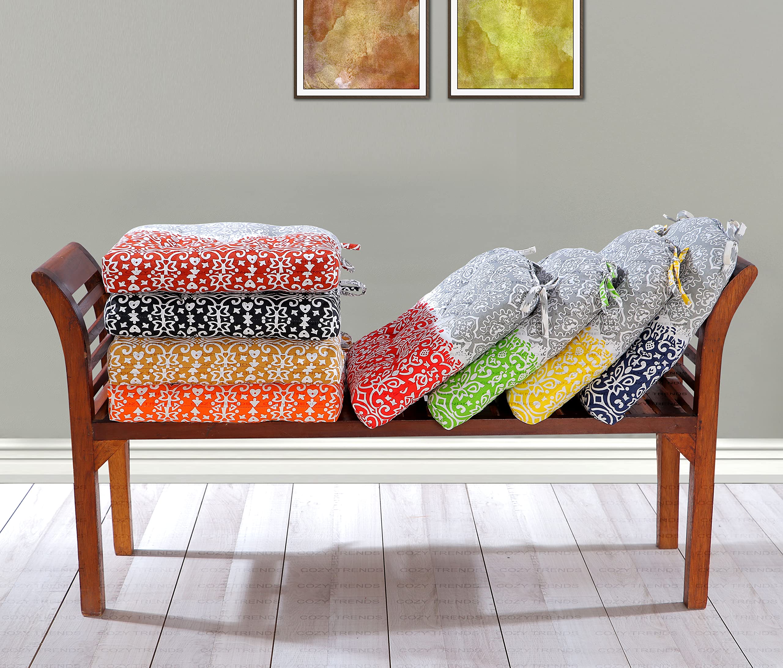 Cotton Comfortable Damask Chair Pads (Set of2) Cushions with Ties ,Handmade Thick Cotton Filling, for Dining | Office | Kitchen | Home | Living Room 16”x16'' (Orange)