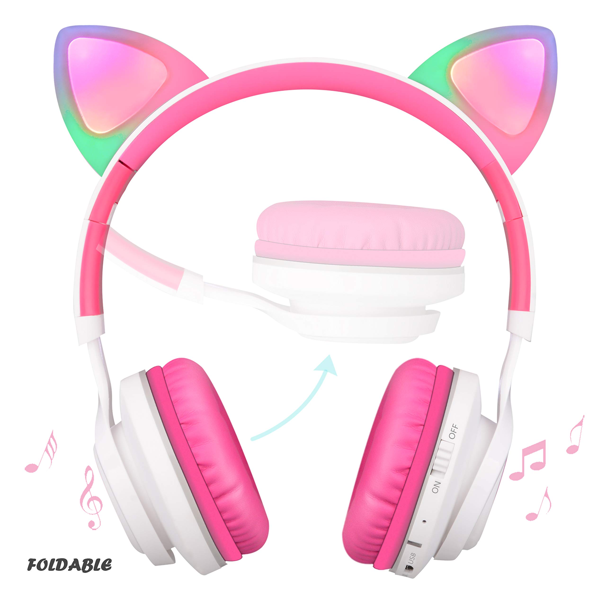 Riwbox CT-7 Cat Ear Bluetooth Headphones, LED Light Up Bluetooth Wireless Over Ear Headphones with Microphone and Volume Control for Travel/School/Smartphones/Laptop/PC/TV