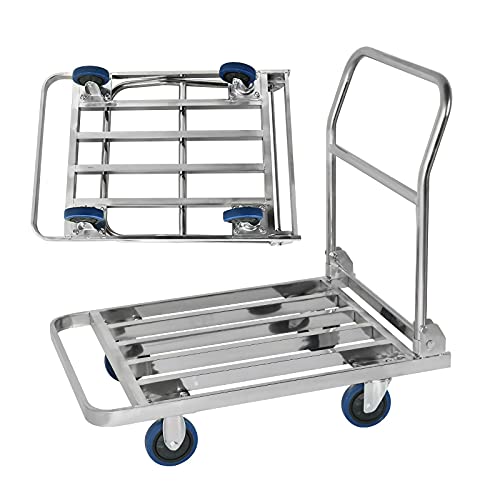 Generic Platform Truck Foldable Hand Truck Heavy Duty Stainless Push Cart Flatbed Trolley with Hollow Out Platform for Baggage Moving Transport Flatbed Cart (