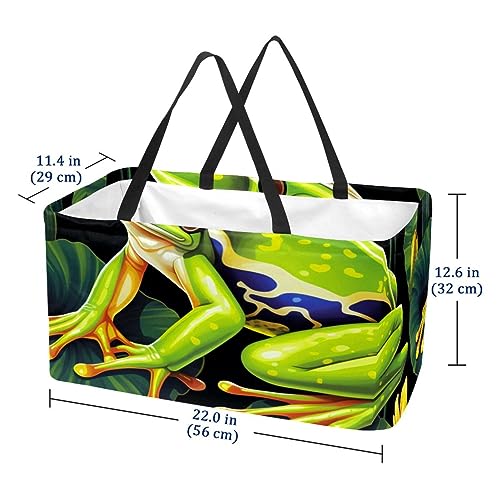 Reusable Grocery Bags Boxes Storage Basket, Red Eye Frog Pattern Collapsible Utility Tote Bags with Long Handle
