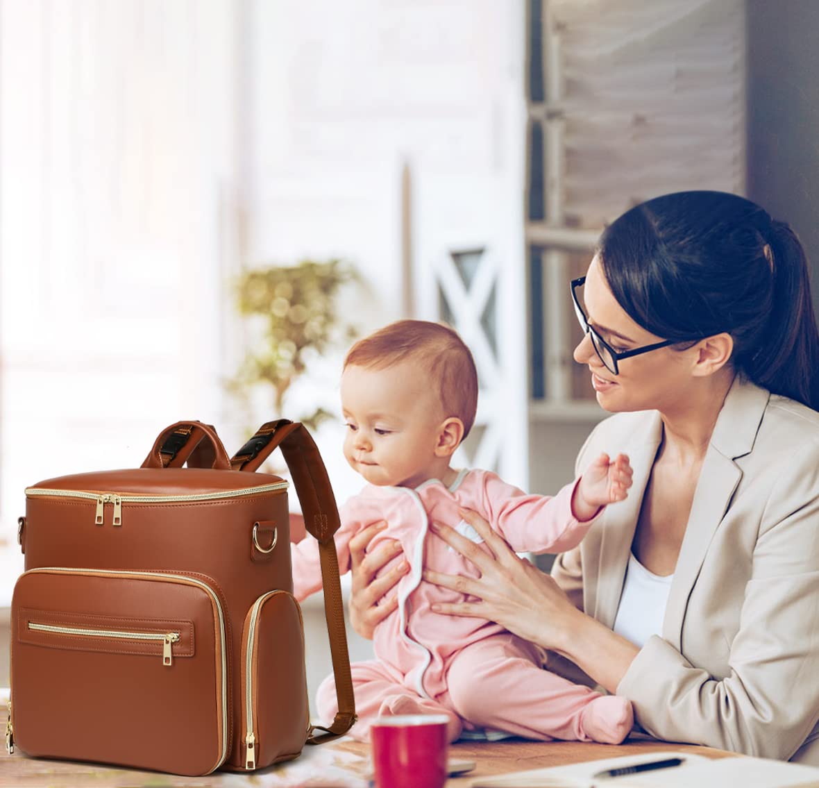 KINDDOG Breast Pump Bag, Diaper Tote Bag with Laptop Sleeve Fit Most Breast Pumps Like Medela, Spectra S1,S2, Evenflo (Brown)