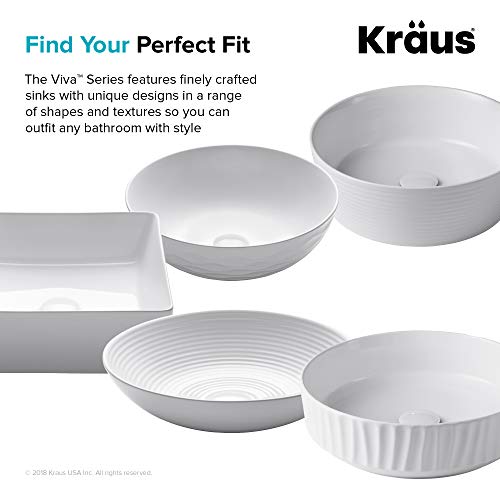KRAUS Viva™ Round White Porcelain Ceramic Vessel Bathroom Sink with Pop-Up Drain, 15 3/4 in. D x 4 3/4 in. H, KCV-201GWH