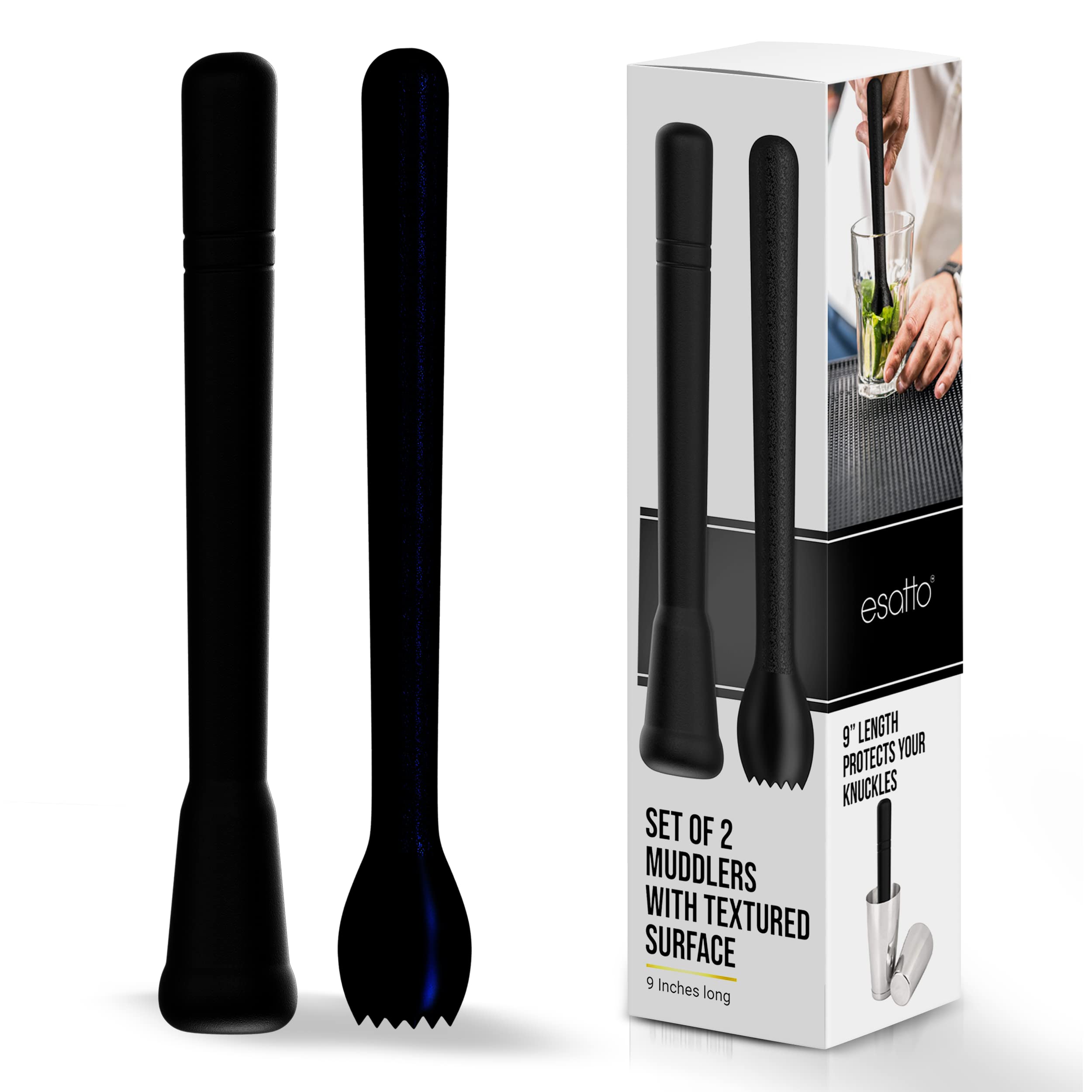 Esatto Professional Bar Tool Muddler 25 CM (9 Inches) Ribbed – Made with ABS Plastic, Black Set of 2 – Durable and Ribbed for Mashing Fruits, Berries, Sugar, Spices, and Herbs