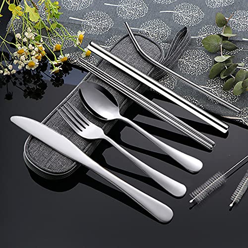 Reusable Utensils Set with Case Portable Travel Utensils Cutlery Set Stainless Steel Flatware Set for Camping 8pcs Including Dinner Knife Fork Spoon Chopsticks Boba Straw (Silver)