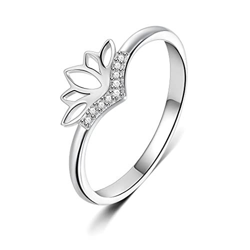 BORUO Sterling Silver Ring Stackable Lotus Ring Lotus Cubic Zirconia Ring- Pure 925 Silver Rings For Women- Elegant Lotus Sterling Silver Rings for Special Occasions CZ Ring 1.6mm Size 5