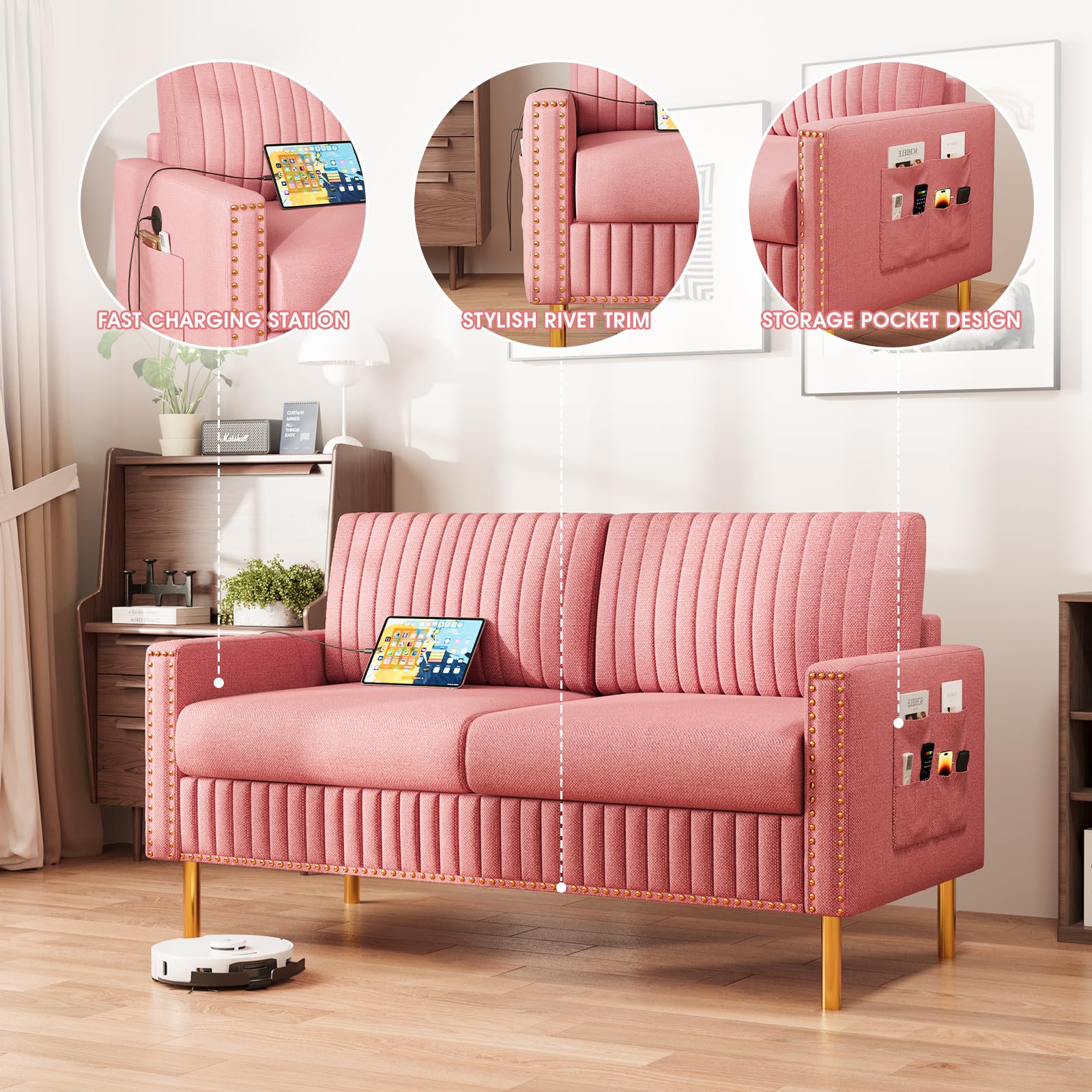 Fameill 65" Loveseat Sofa, Comfy Couch with Rivet Hemming, Mid Century Modern Couch with Deep Seat Soft Cushion, USB & Type-C Charging Port, Upholstered Small Couch for Bedroom, Living Room, Pink