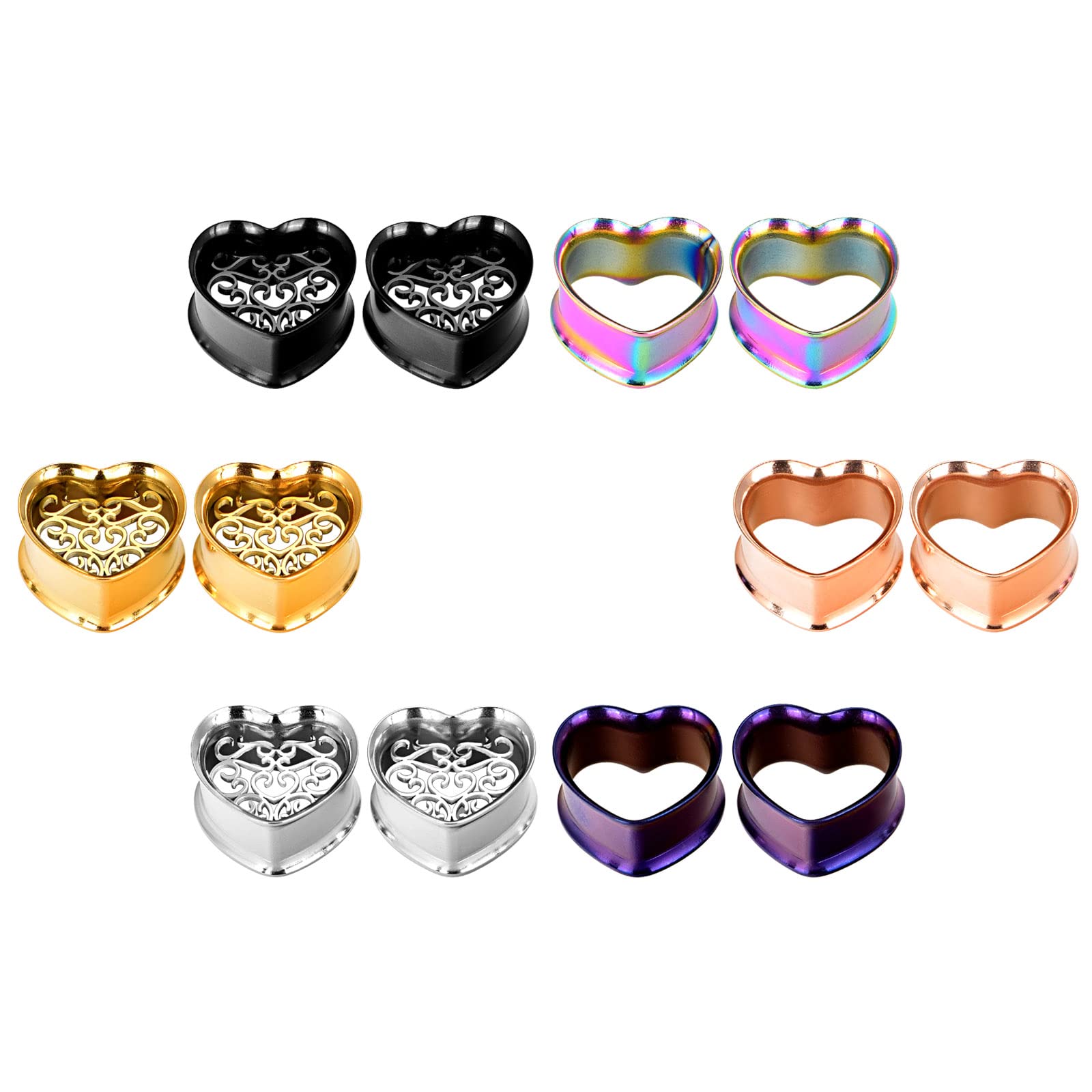 DERALA Stainless Steel Ear Tunnels 12pcs Hollow Heart Ear Gauges Stretcher Ear Piercing Expanders 00g