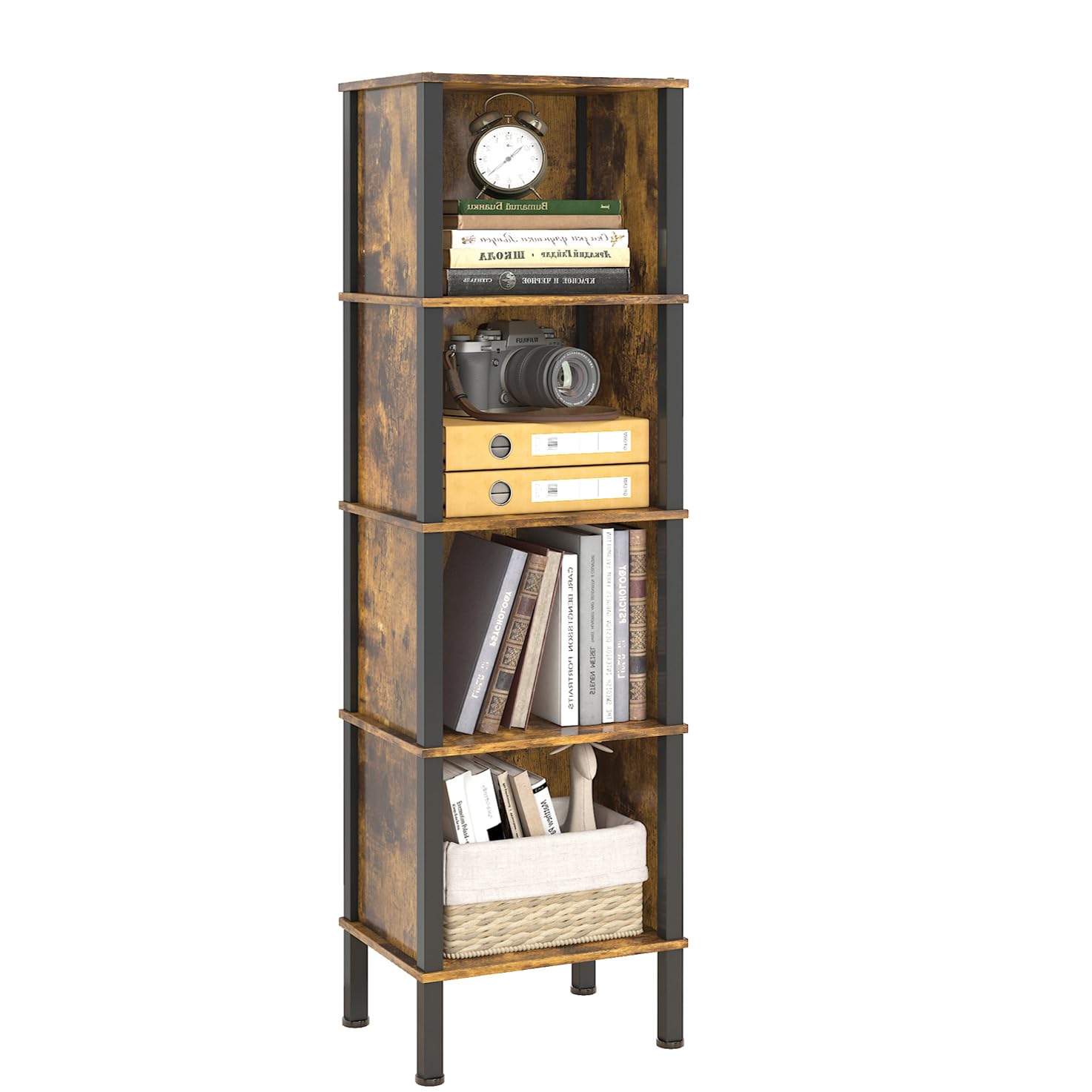 LAATOOREE 5 Tier Narrow Bookshelf, 4 Cube Bookcase, Slim Corner Open Display Storage Shelf for Small Space, Living Room, Office, Bedroom
