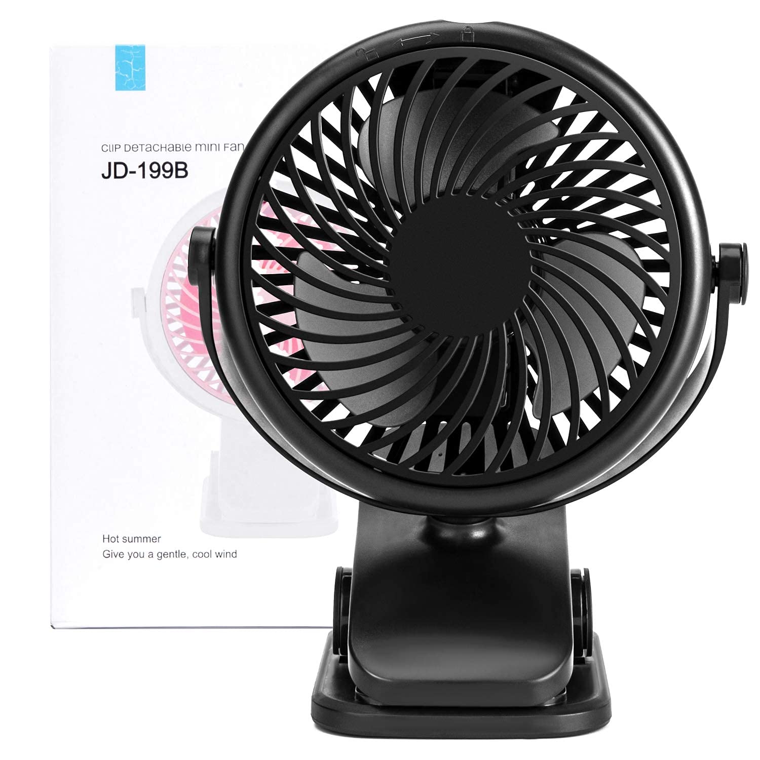 RJVW Stroller Clip On Fan, 3 Speed Rechargeable Battery Powerd USB Desk Fan, 4 Inch Table Cooling Fan, 360° Rotate Desktop Fan, Strong Wind Portable Fan for Home Office Treadmill Baby Stroller