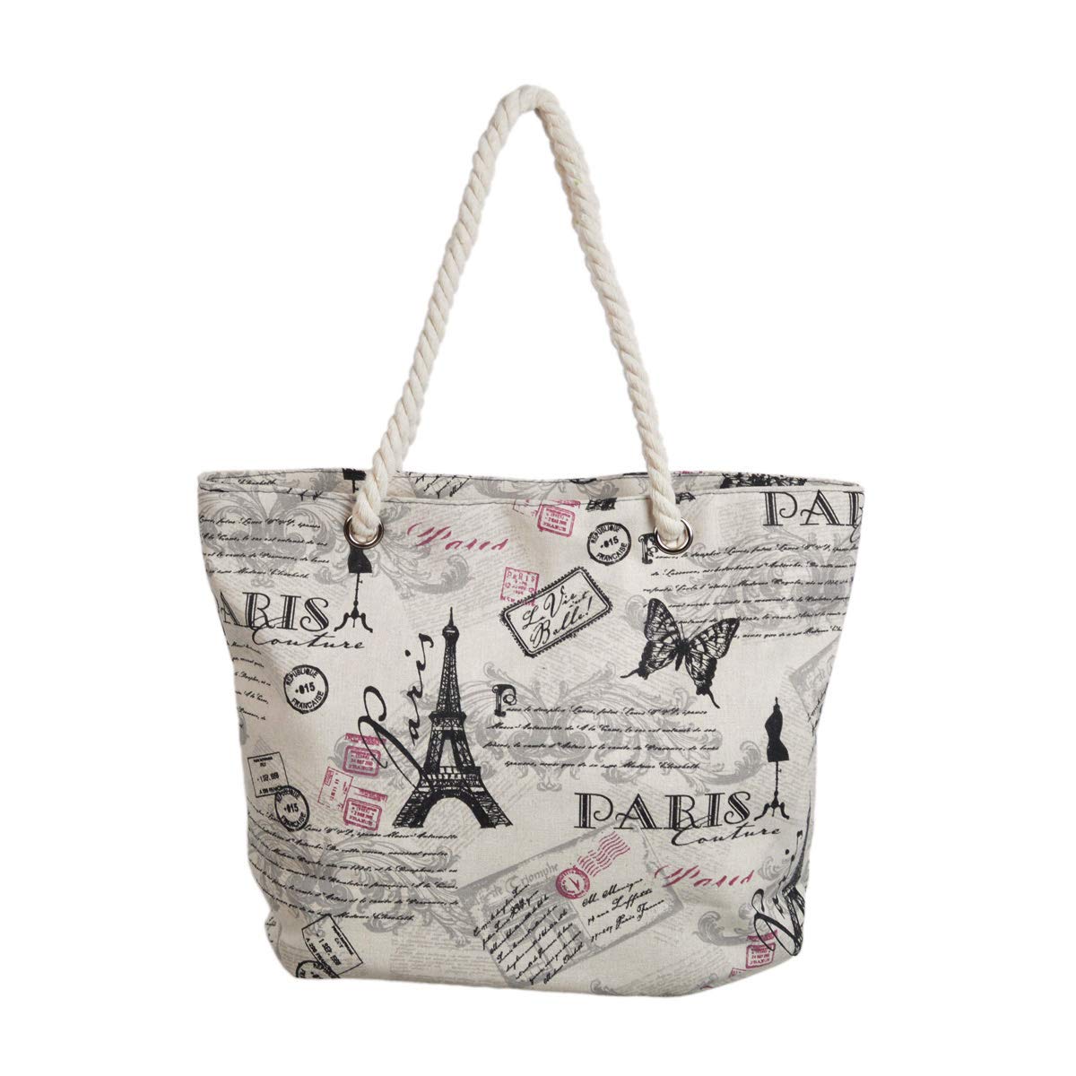 Premium Large Paris Eiffel Butterfly Print Cotton Canvas Tote Shoulder Bag Handbag Beige