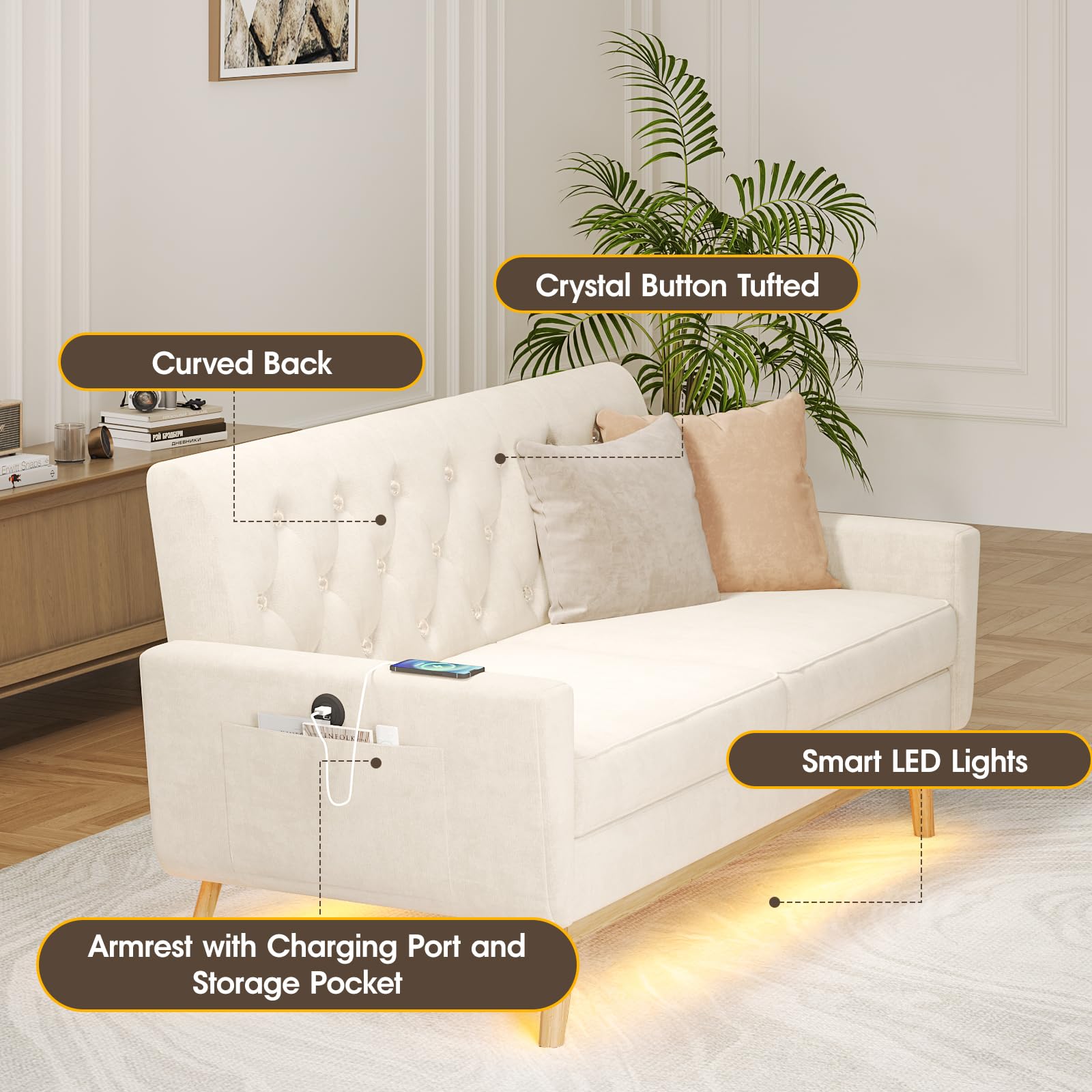 Fameill 65" Loveseat Sofa Couch, Mid Century Modern Love Seat Small Couch with Soft Cushion, LED Light, Crystal Button Tufted, Upholstered Comfy Small Couch for Living Room, Bedroom