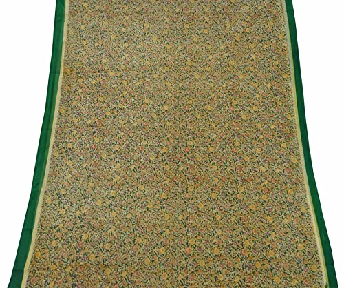 Peegli Vintage Green Textile Fabric Floral Printed DIY Craft Fabric Polyester Recycled Sari