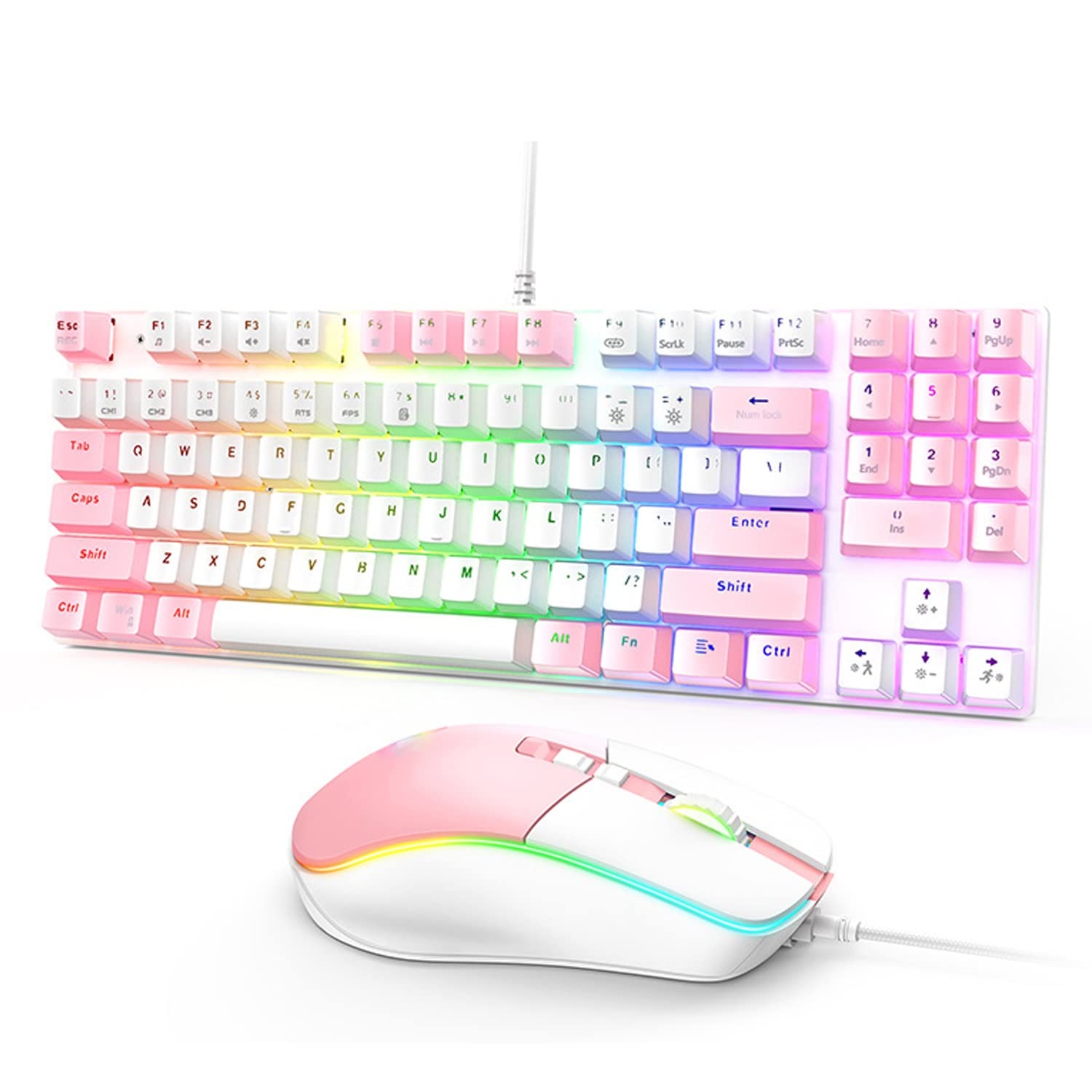 EXHNLE RGB Gaming Keyboard and Mouse Combo,87 Keys Gaming Keyboard Wired RGB Backlit Gaming Keyboard USB Backlit Keyboard, for Laptop PC Computer Game and Work (Color : White)