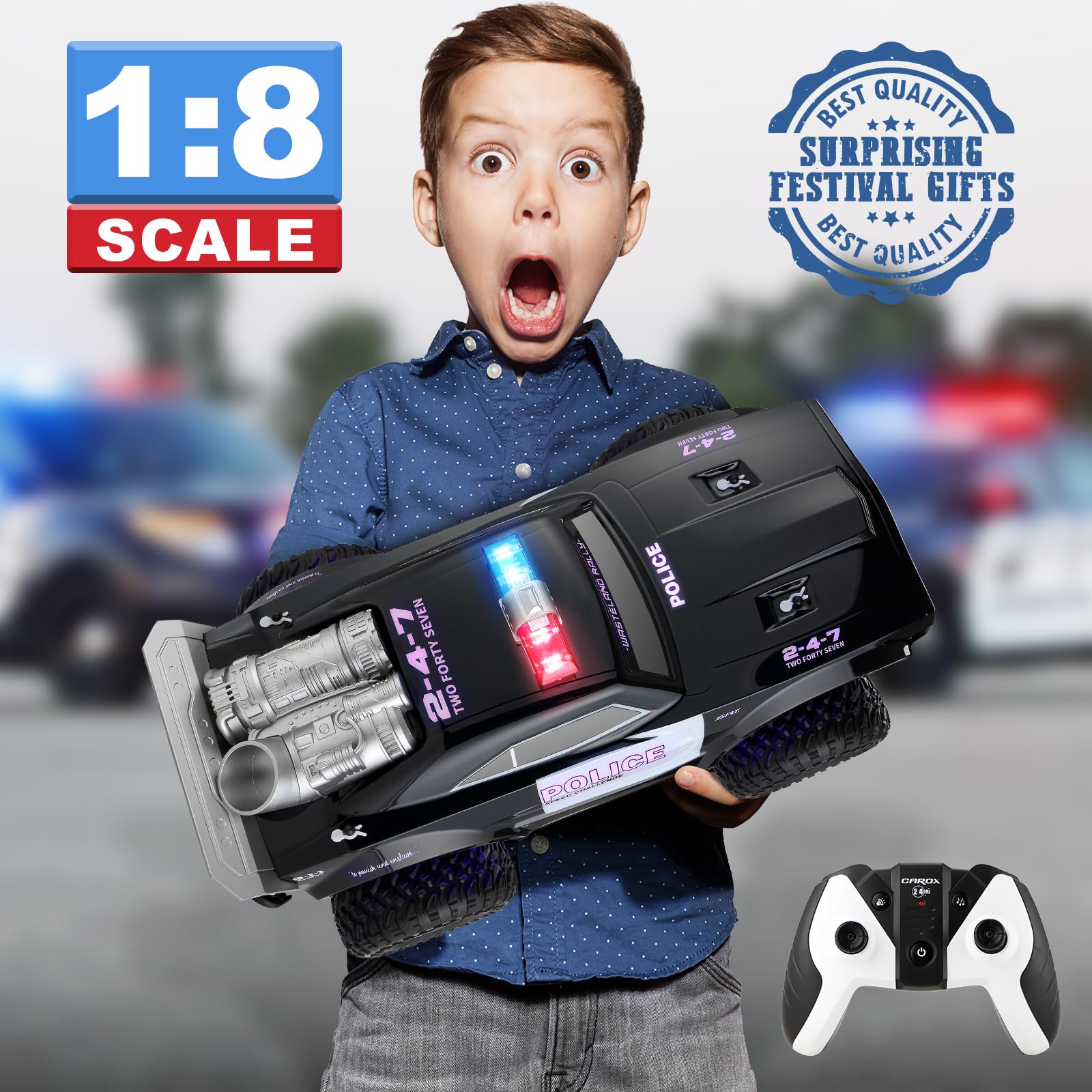 Carox Remote Control Car Large Size, 1/10 Big RC Trucks,15km/h with Two 7.4V Batteries, 2.4Ghz All Terrain Big Tires Remote Control Car, LED Headlight Buggy, Gift for 6-12 Boys,OX41