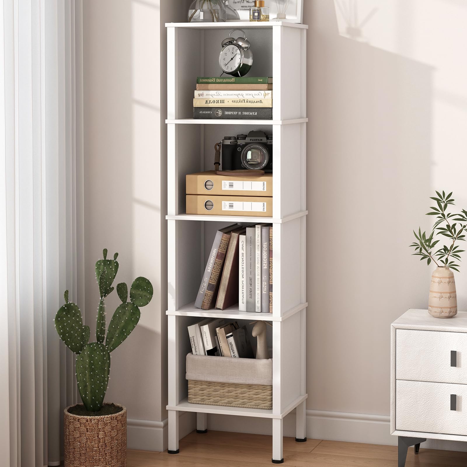 LAATOOREE 5 Tier Narrow Bookshelf, Wood 4 Cube Slim Bookcase, Skinny Open Display Storage Shelf for Small Space, Corner, Living Room, Office, Bedroom (White)