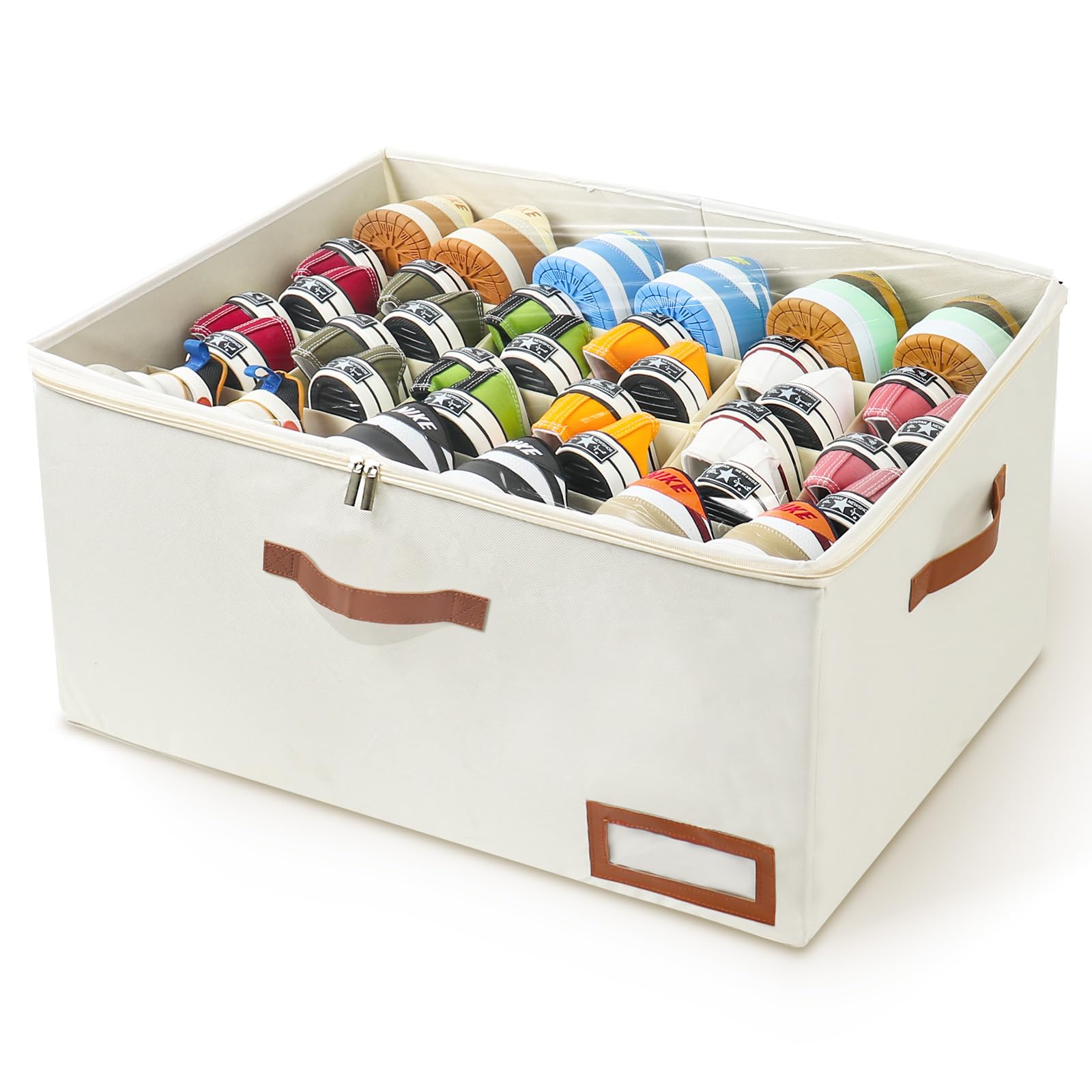 Foyego 2 Pack Shoe Organizer for Closet, Fits up to 48 Pairs, Stackable Fabric Shoe Storage Containers with Clear Cover and Adjustable Dividers, Foldable Shoe Storage Organizer Box