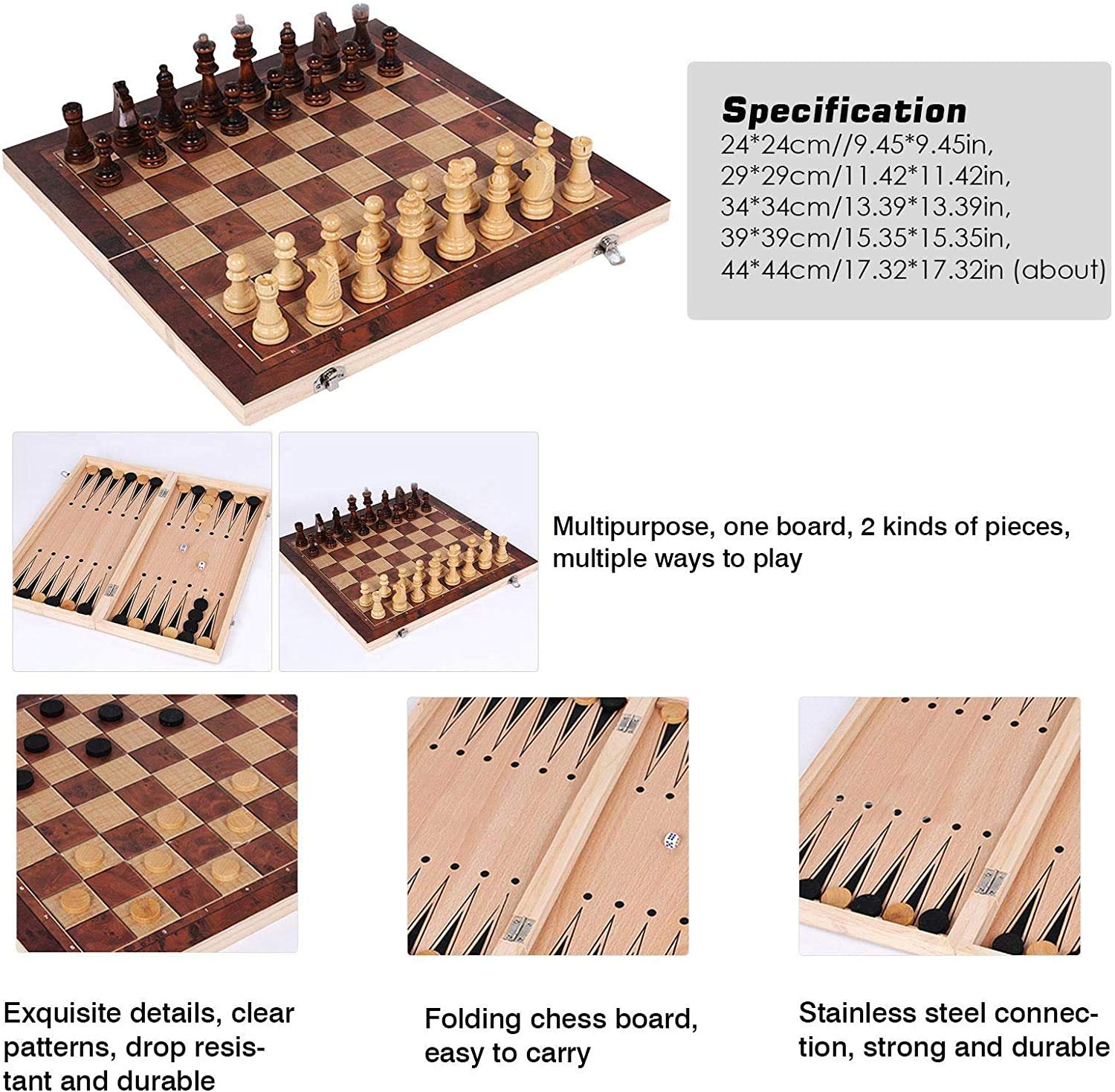 Wooden Chess Set Folding, 3 in 1 Wooden Chess Checkers Backgammon Set with Storage for Pieces - for Adults Beginners and Kids Aged 4+