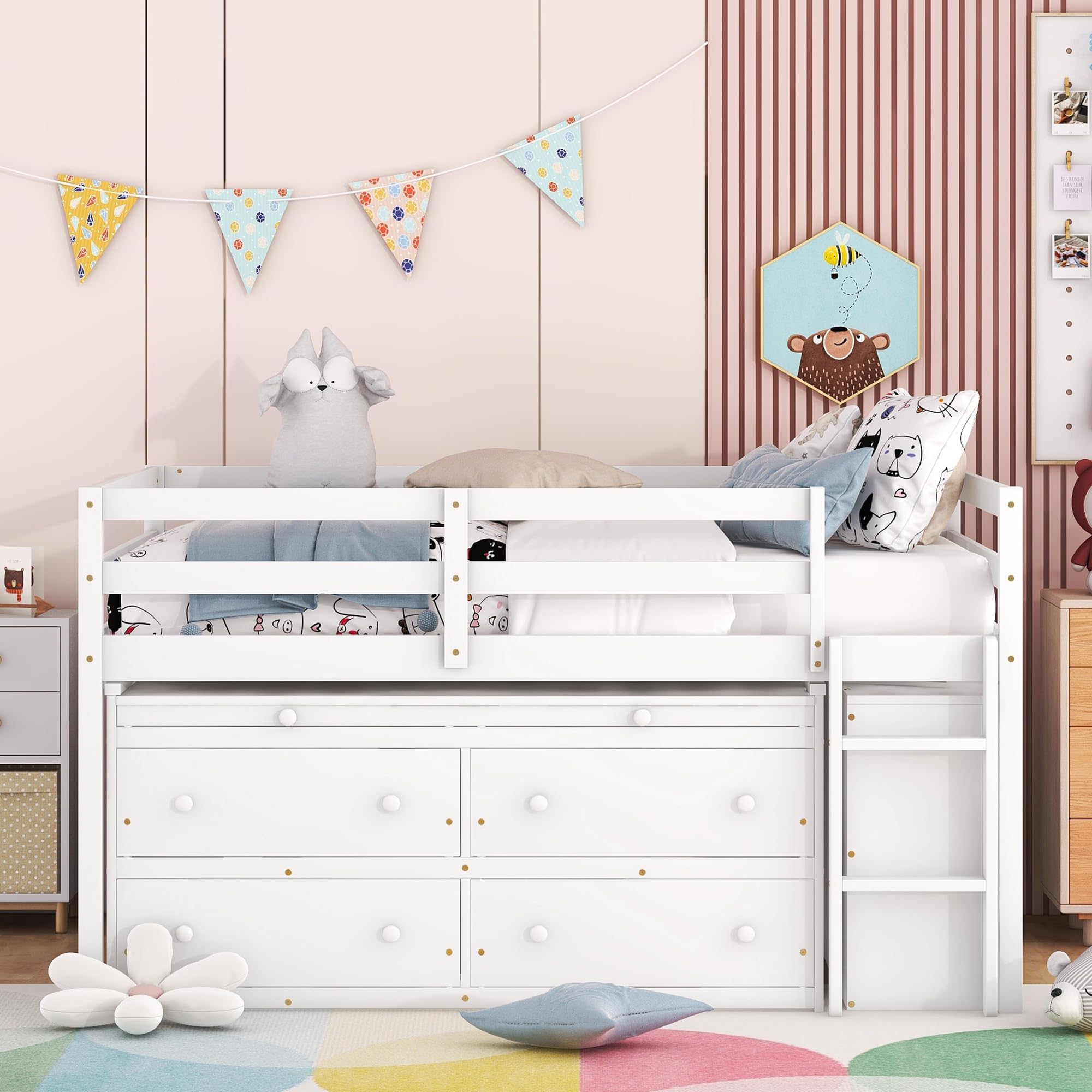 Full Size Low Loft Bed with Rolling Portable Desk, Full Bed Frame For Kids With Storage Cabinet, Drawers and Shelves, Multiple Functions Wood Loft Bed Frame for Girls Boys, Space Saving, White
