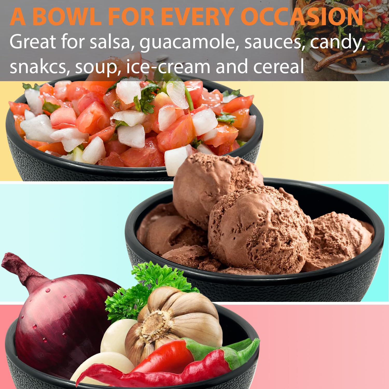 KSEV Salsa Bowls – 6 Pack (Black), 13oz BPA FREE Small Bowl Unbreakable Mexican Molcajete Chips Guacamole, Serving Dish, Sauce Cup, Side bowl, Snack, Chips, Dip, Nuts, Candy, Ice Cream, Party Use