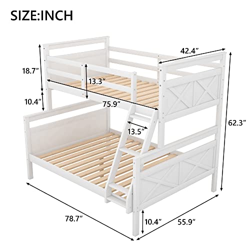 POCIYIHOME Twin Over Full Bunk Bed with Ladder, Wood Bed Frame with Slat Support & Full Length Guardrail for Kids,Teens Bedroom, Convertible into Two Separate Beds, No Box Spring Needed, White
