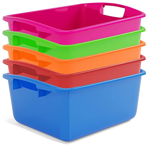 Zilpoo 5 Pack - Plastic Book Bins for Classroom Library, Cubby Shelf Toy Storage Organizer Box with Handles, Bulk Teacher Supplies Holder, Colored