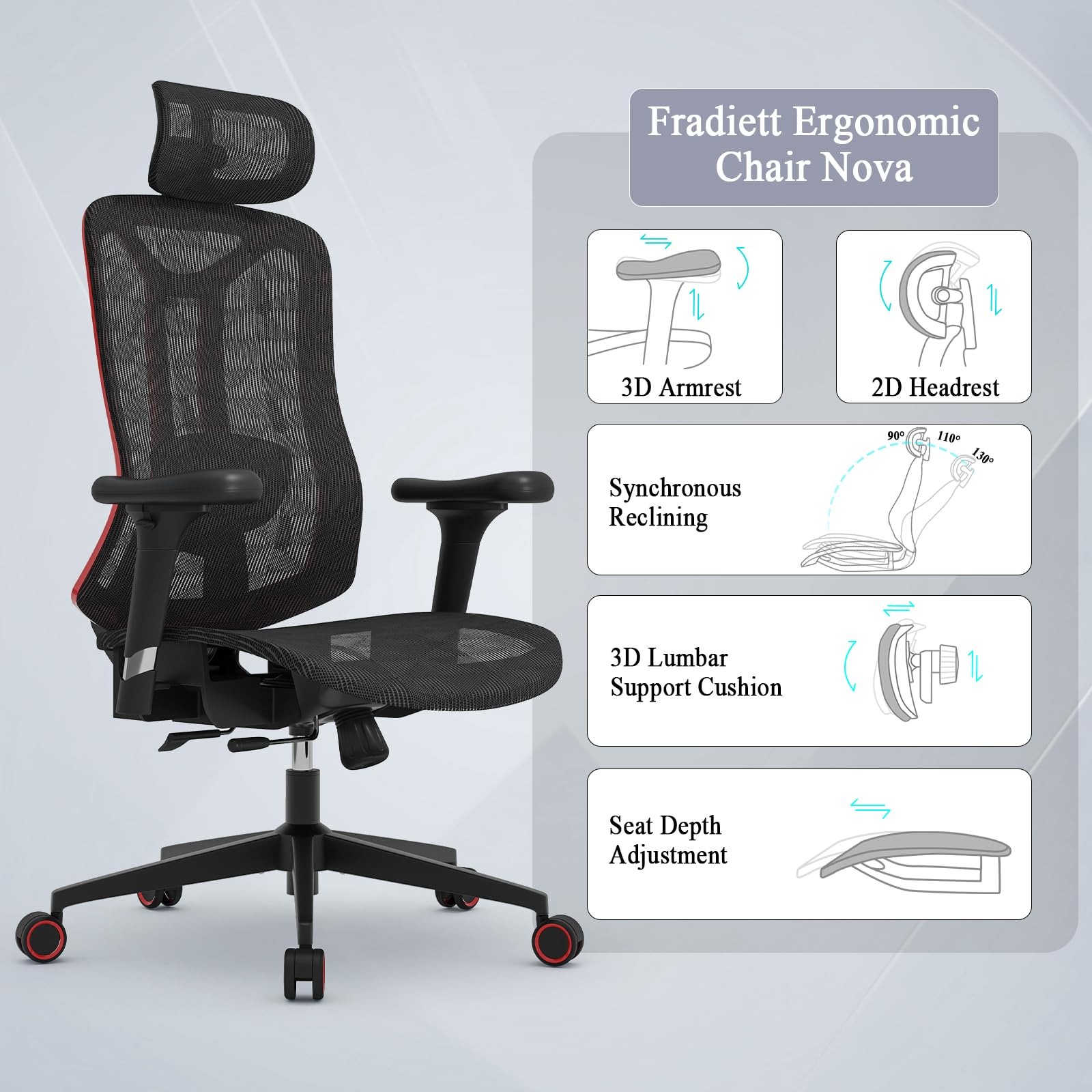 Fradiett Ergonomic Mesh Office Chair - Computer Chair with 3D Lumbar Support, Seat Depth Adjustable Desk Chair with Headrest, 3D Armrest, Ergonomic Gaming Chair for Home Office,Tilt Function