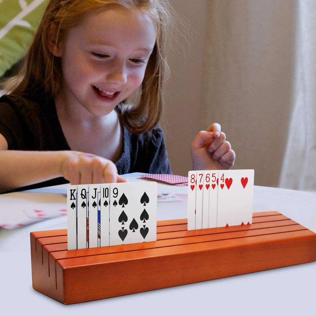 Wooden Playing Card Holder Set of 2 Solid Card Tray Rack Organizer for Kids Seniors Adults - 13.8 inch* 3.1 Inch Extended Versions Long Enough for Bridge Canasta Strategy Card Playing
