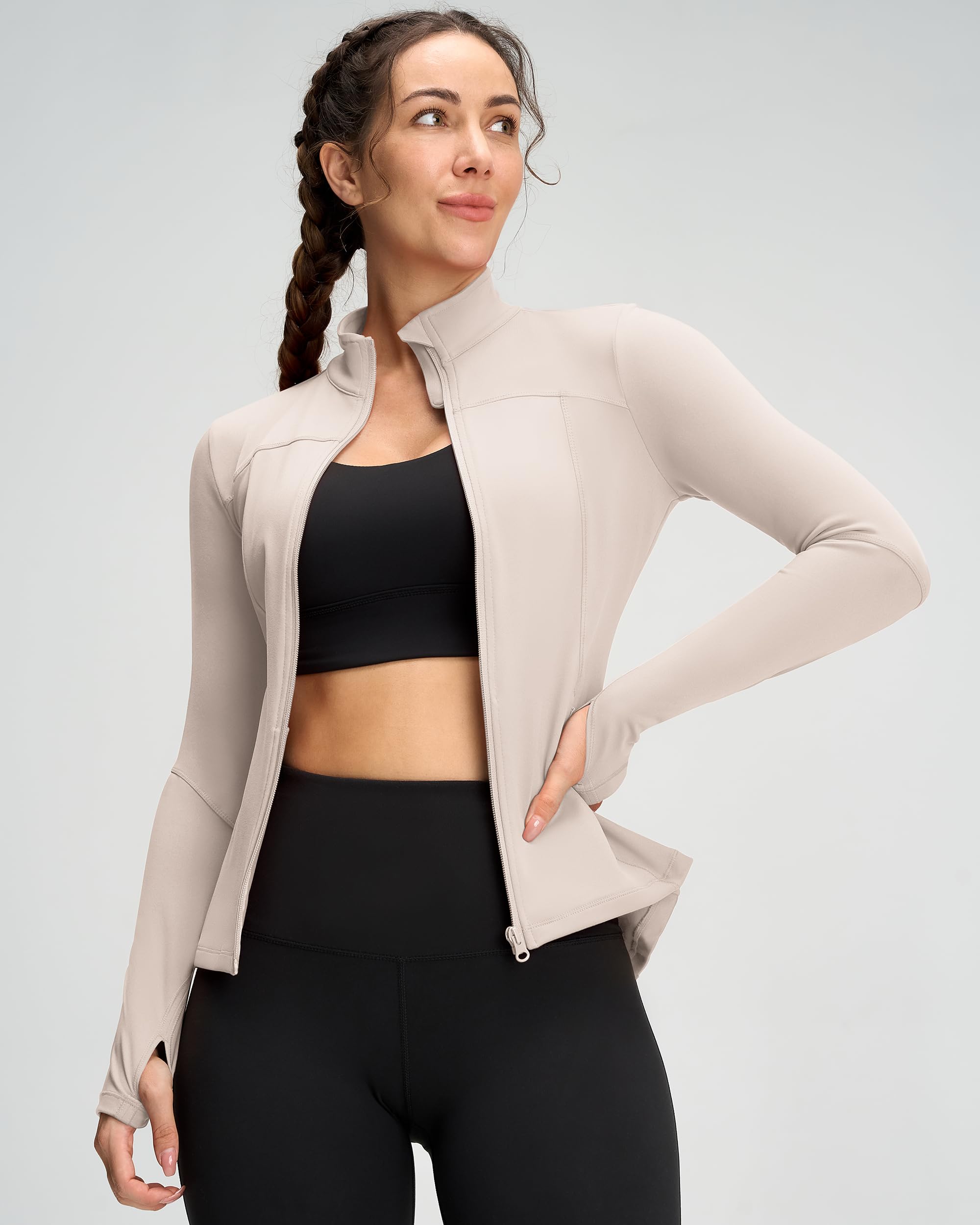 colorskin Workout Jackets for Women Full Zip Athletic Running Track Jacket with Pockets Slim Fit Yoga Jacket with Thumb Holes(Almond,Medium)