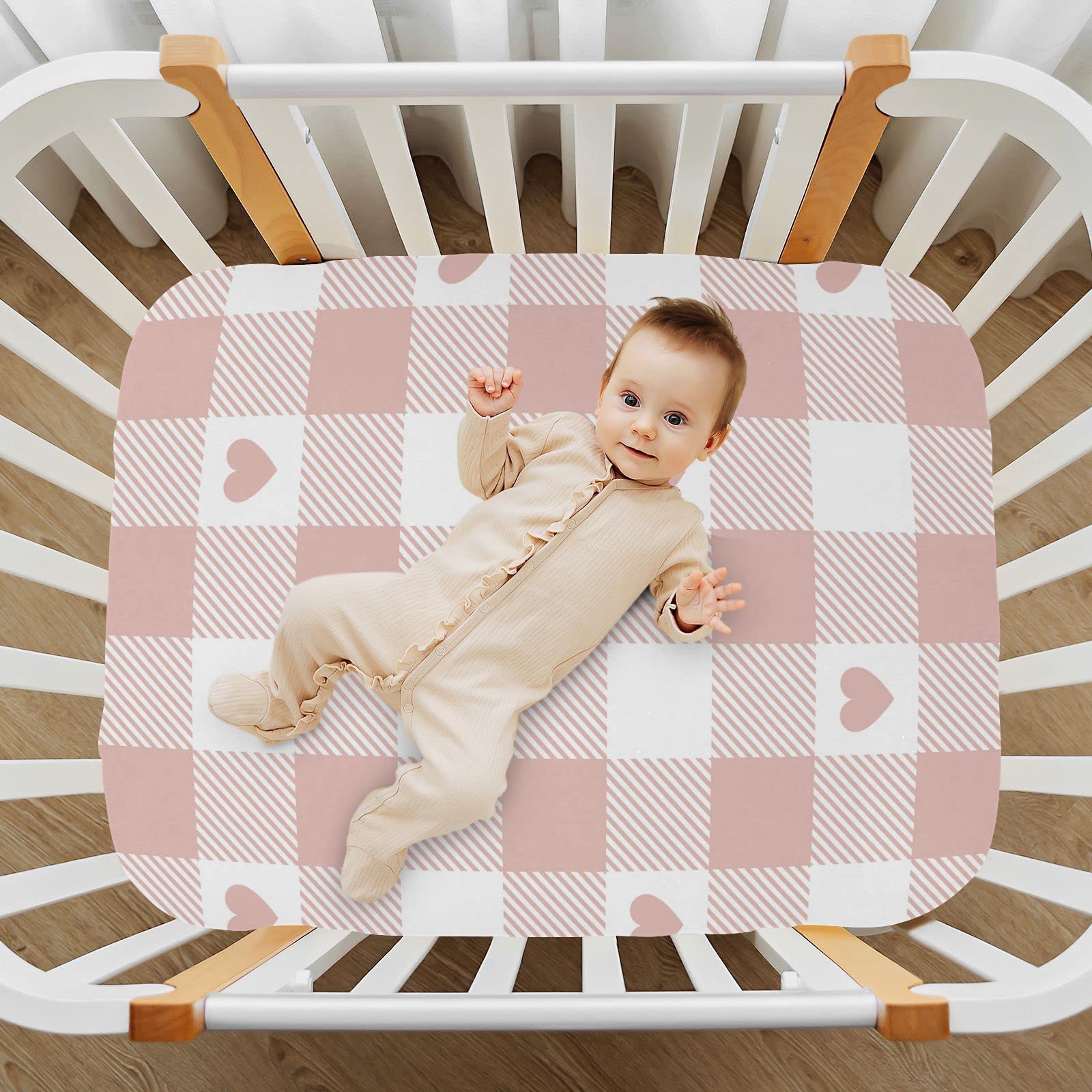 Custom Valentine's Day Plaid Baby Crib Sheets Soft Toddler Bed Sheets Breathable Mattress Cover Playard Sheet for Toddler Boys Nursery Bed Mattress, 52 * 28 * 9in