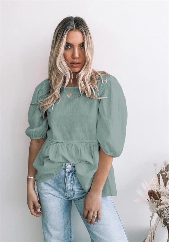 REDMORE Womens Summer Peplum Tops Loose Casual Tunic 2023 Balloon Sleeve Blouses Crew Neck Cute Shirts Light Green