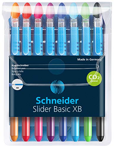 Schneider Slider Basic XB (Extra Broad) Ballpoint Pen, 1.4 mm, Transparent Barrel, Assorted Ink Colors, Pack of 8 Pens (151298)