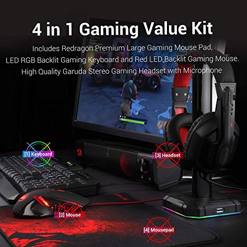 Redragon S101 Wired RGB Backlit Gaming Keyboard and Mouse, Gaming Mouse Pad, Gaming Headset Combo All in 1 PC Gamer Bundle for Windows PC โ (Black)