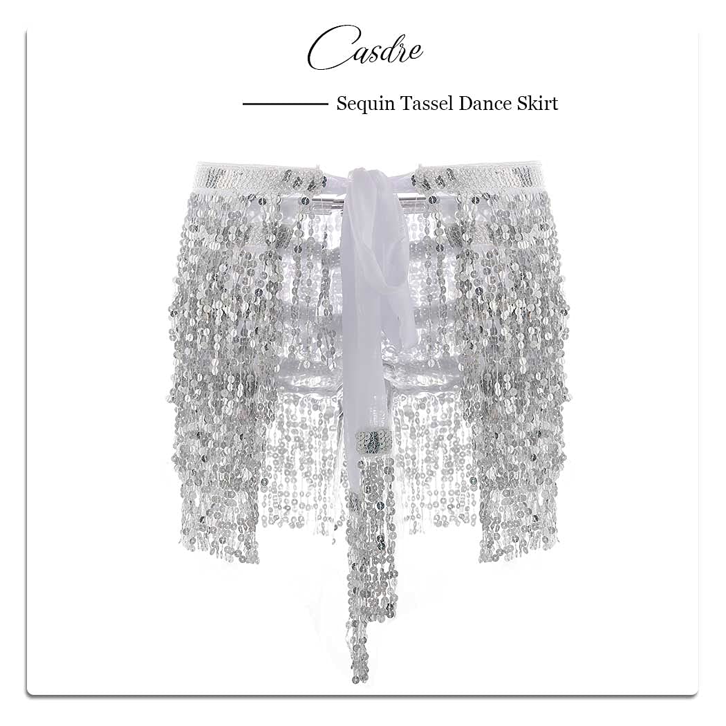 CASDRE Sequin Tassel Dance Skirt Performance Outfits for Women and Girls(Silver)