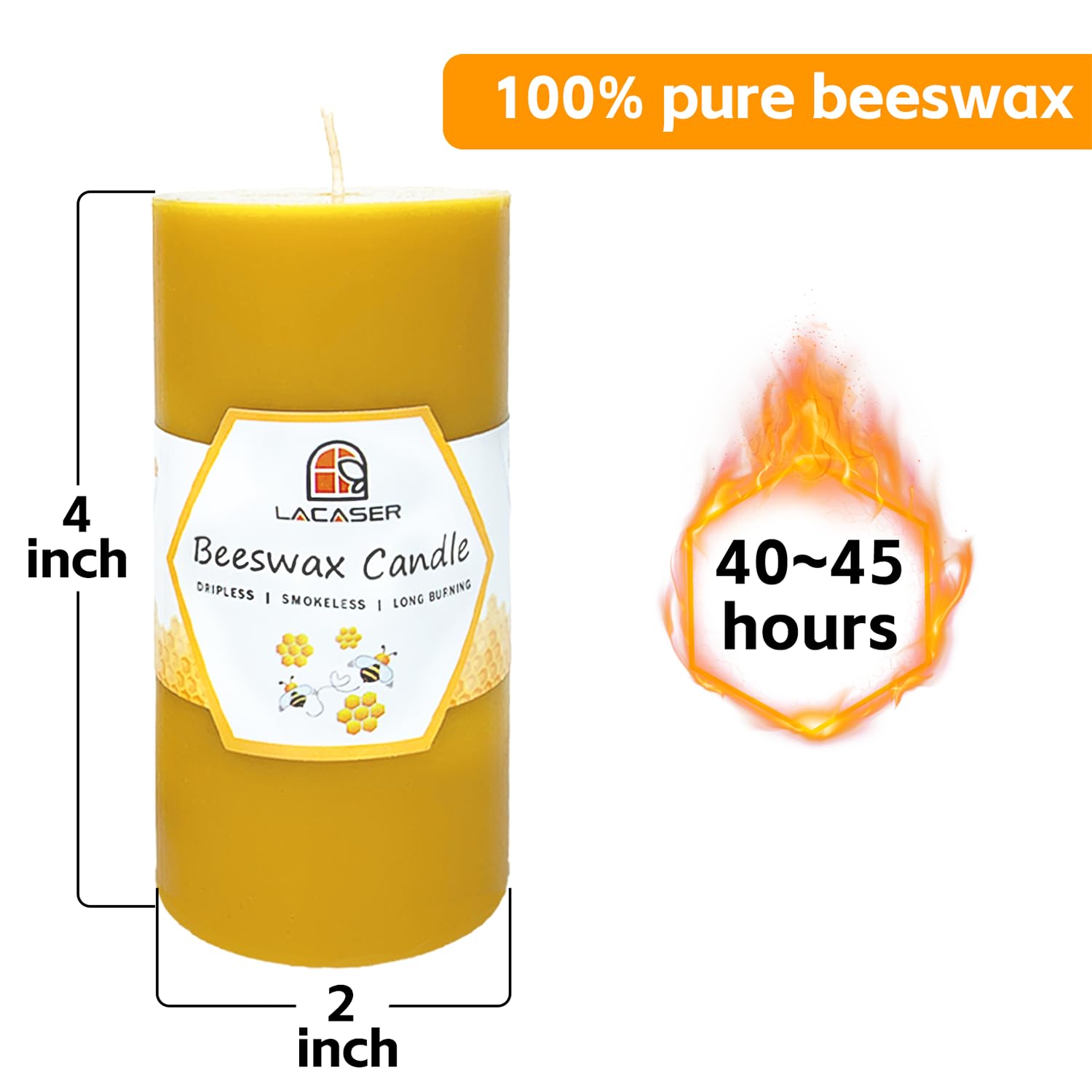 Lacaser Beeswax Pillar Candles,100% Pure Beeswax Candles,Long Burning Time 40 Hours Each,80 Hours Total for Set, Bees Wax Candle for Home, Size 2βx 4β (2 Packs), Dripless& Smokeless