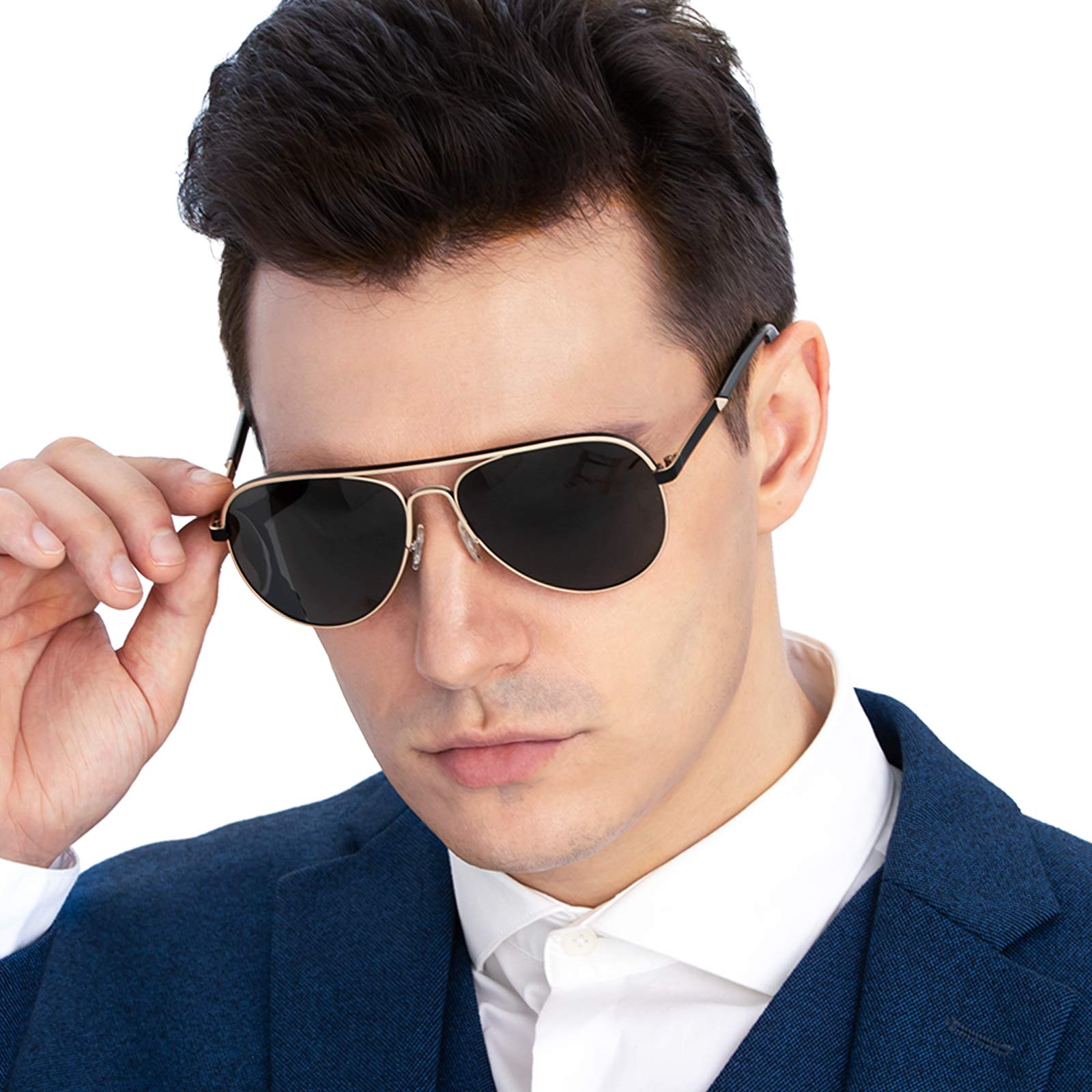 COLOSSEIN Aviator Polarized Sunglasses for Men Stainless Steel Frame with Handcrafted Legs UV400 Lenses Driving Outdoor Eyewear (Black/Champagne Gold)