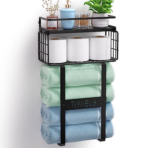 herehomi Floating Shelves for Wall, 2 in 1 Floating Shelves with Towel Racks for Bathroom, Bathroom Shelf Wall Shelf Towel Rack, Bathroom Towel Holder Bathroom Shelf Organizer Wall Mounted, Black