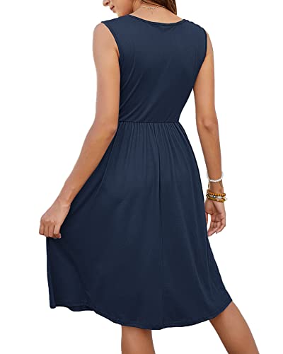 MOLERANI Women Summer Dresses Sleeveless Casual Loose Swing Button Down Midi Dress with Pockets(Navy Blue,XL)
