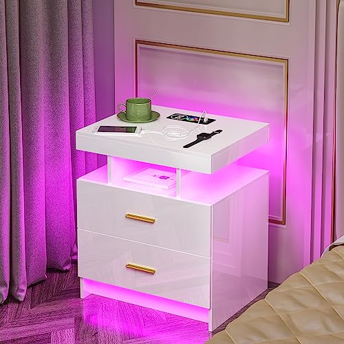 HNEBC LED Nightstand, RGB White Night Stand with USB/Wireless Charging Station, Modern Bedside Table has Auto Sensor RGB Lights, End Side Table with 2 Drawer for Bedroom Furniture, White