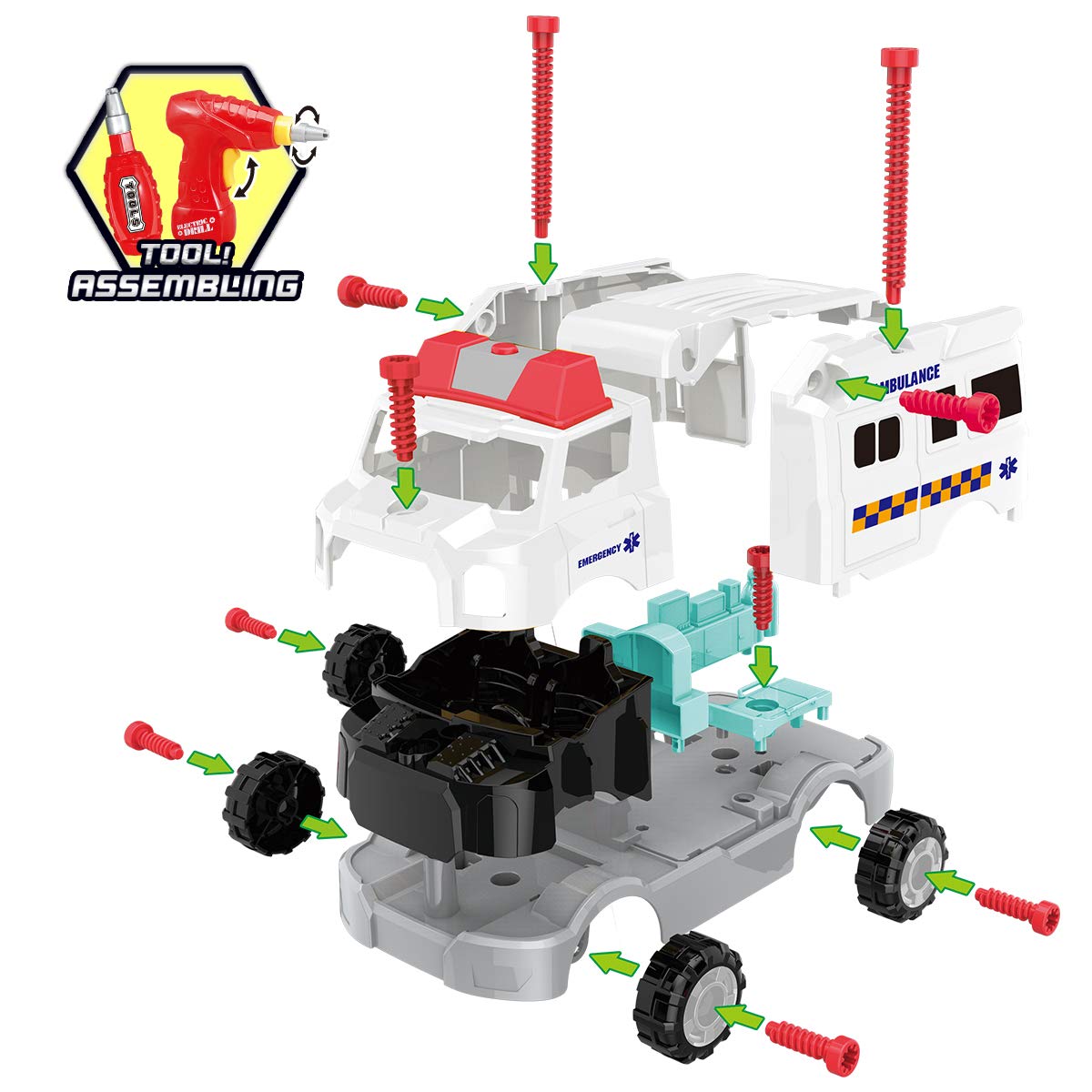 REMOKING Learning Take Apart Toy, Build Your Own Car Toy Ambulance Educational Playset with Tools and Power Drill, DIY Assembly Car Gifts for Kids with Realistic Sounds & Lights (3+ Ages)