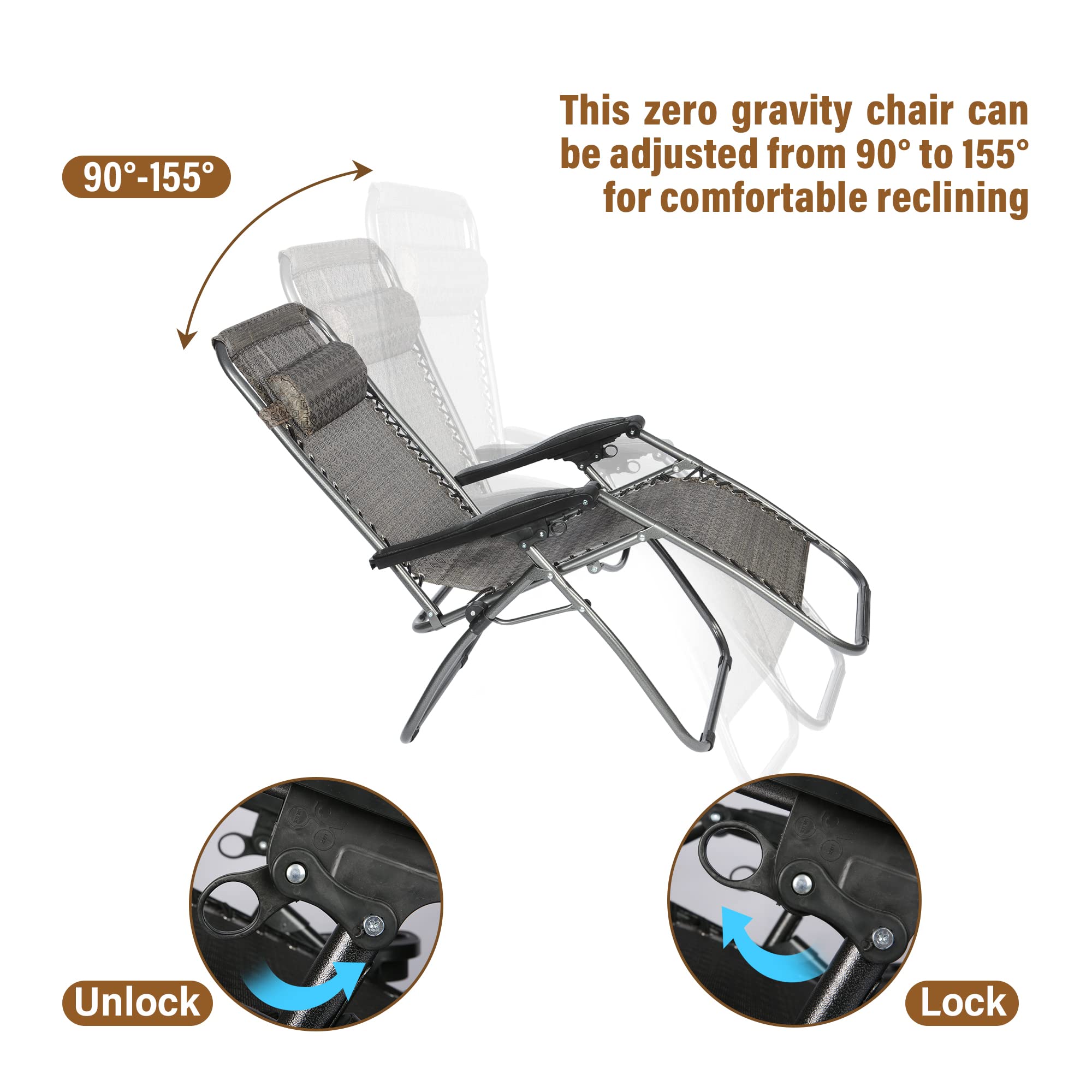 LUCKYERMORE Adjustable Textilene Zero Gravity Chairs Set of 2, Diamond Design Outdoor Folding Reclining Lounge Chair with Pillow, Hold up to 300 LBS, Patio Recliners for Pool Beach, Grey and Brown