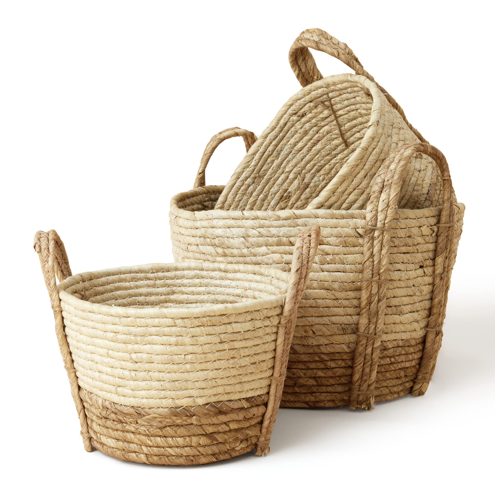 La Jolie Muse Hand Woven Wicker Storage Baskets, Seagrass Rope Natural Basket Set of 3, Minimalist Decorative Home Basket Organizers for Kitchen Living Room Bedroom Office, Brown and Beige