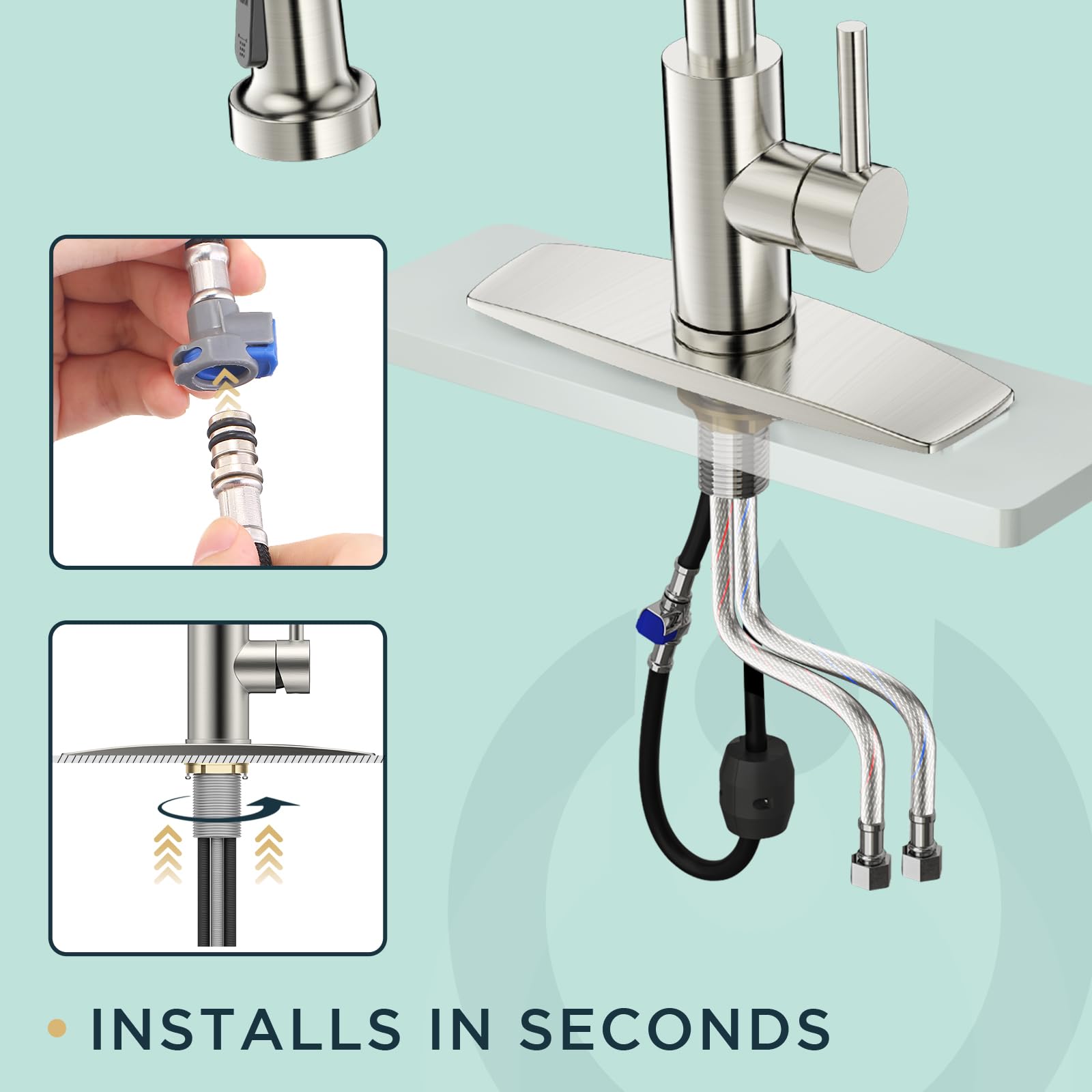FORIOUS Kitchen Faucet with Pull Down Sprayer, Brushed Nickel Stainless Steel Kitchen Faucet, Utility Single Handle Spring Sink Faucets 1 or 3 Hole, Kitchen Faucets for Farmhouse Camper Laundry Rv Bar