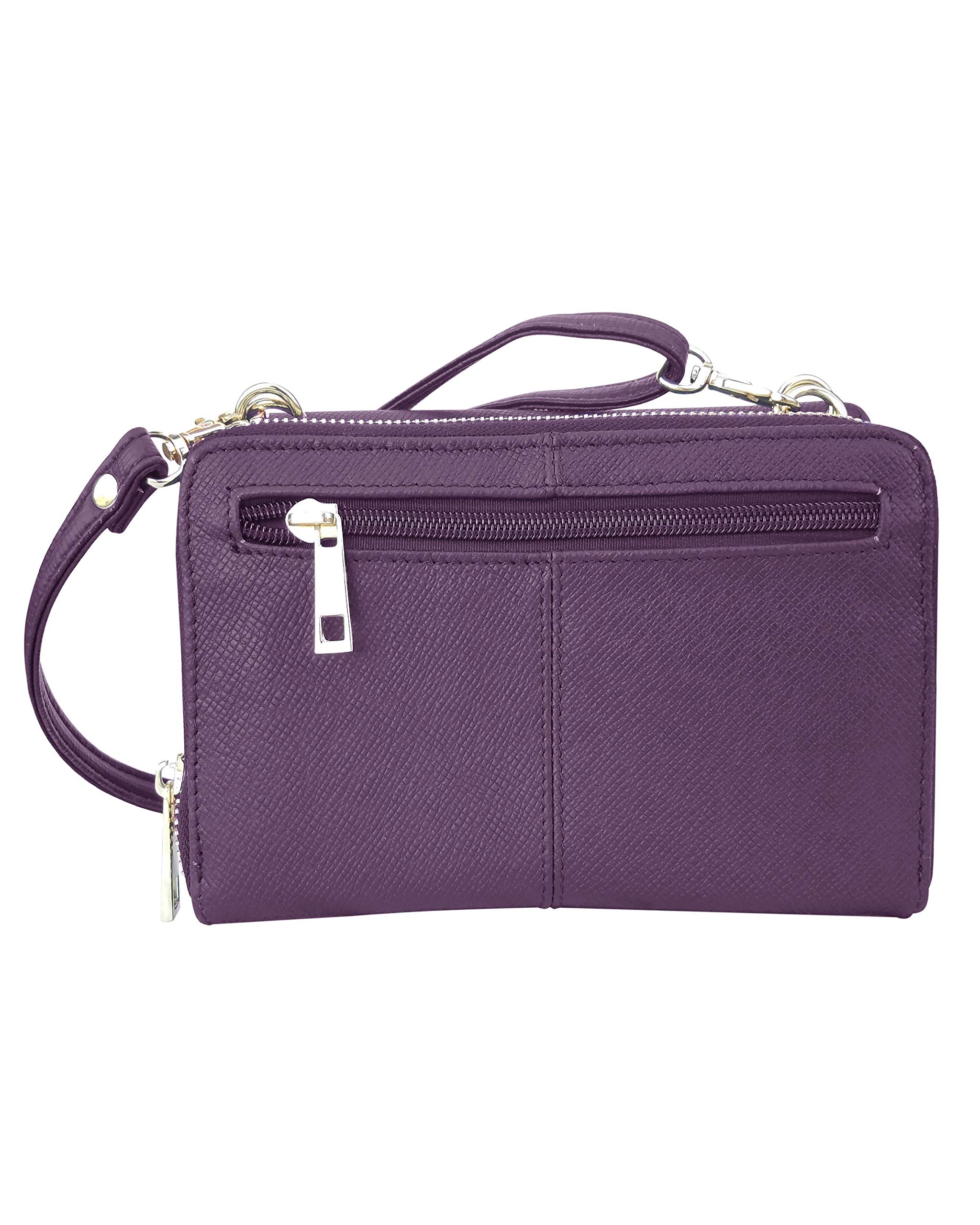 Roma Leathers Mini Leather Cross Body Purse - Premium Purple Embossed Cowhide Leather - Backside Detachable Wallet - Adjustable and Removable Shoulder Strap - Designed in USA