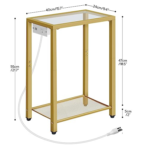 HOOBRO End Table, Side Table with Charging Station, 2-Tier Nightstand with Storage Shelves, Small Space Bedside Table, Telephone Table, Modern Coffee Table, Tempered Glass, Living Room, Gold GD56UBZ01