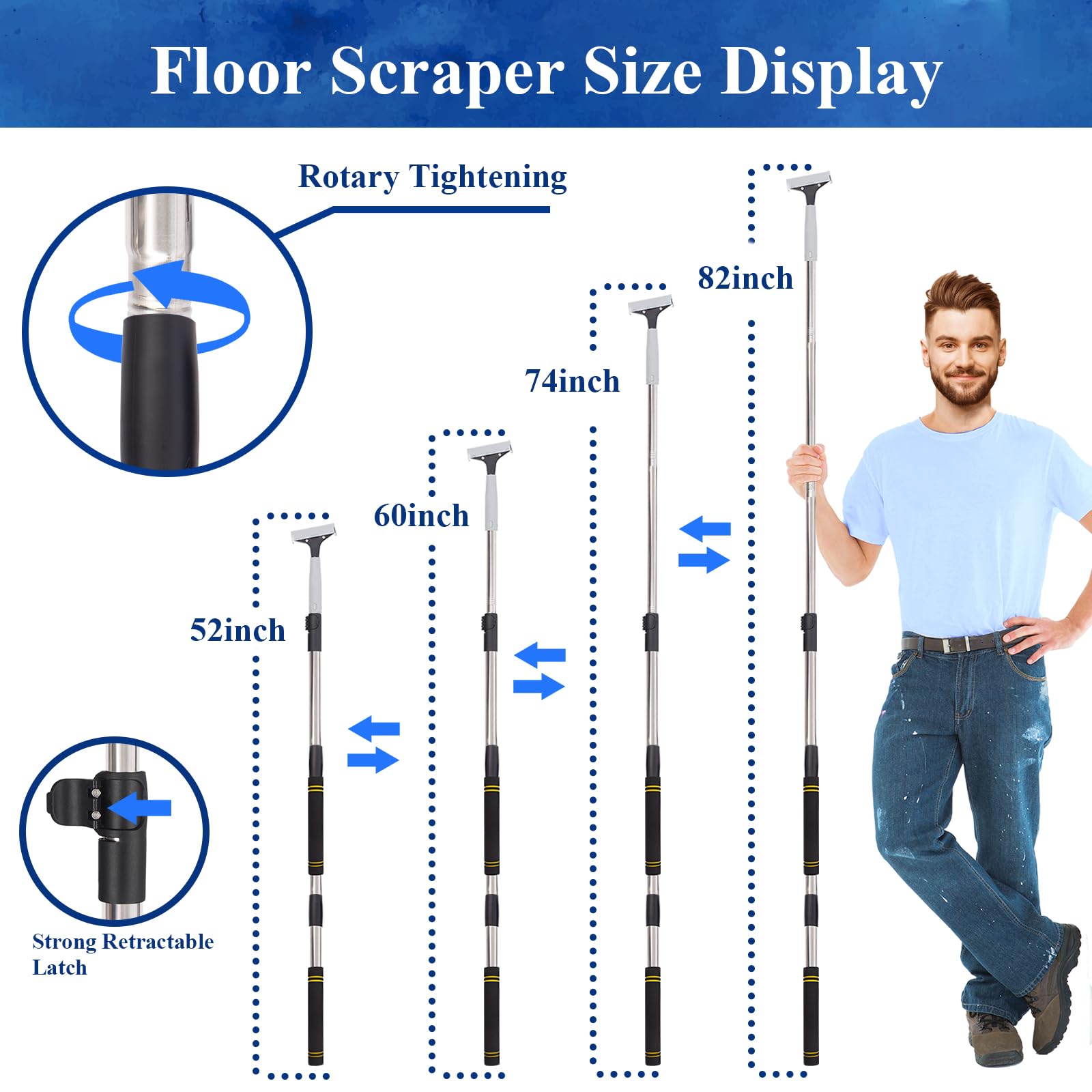 Frebuta Floor Scraper Long Handle Telescopic Pole, 38 to 52in Heavy Duty 4Inch Razor Blade Floor Scrapers Metal Paint Scraper with 10PCS Extra Metal Blades Paint Scraper (Gray, Telescopic 4Feet)