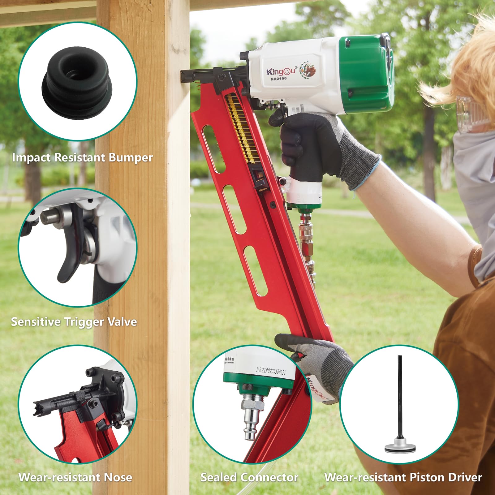 KingOu Mexican Style NR2190 21 Degree Plastic Strip Framing Nailer Aluminum Magazine Framing Nail Gun Covers NR83A2 Framing Nailer All Function