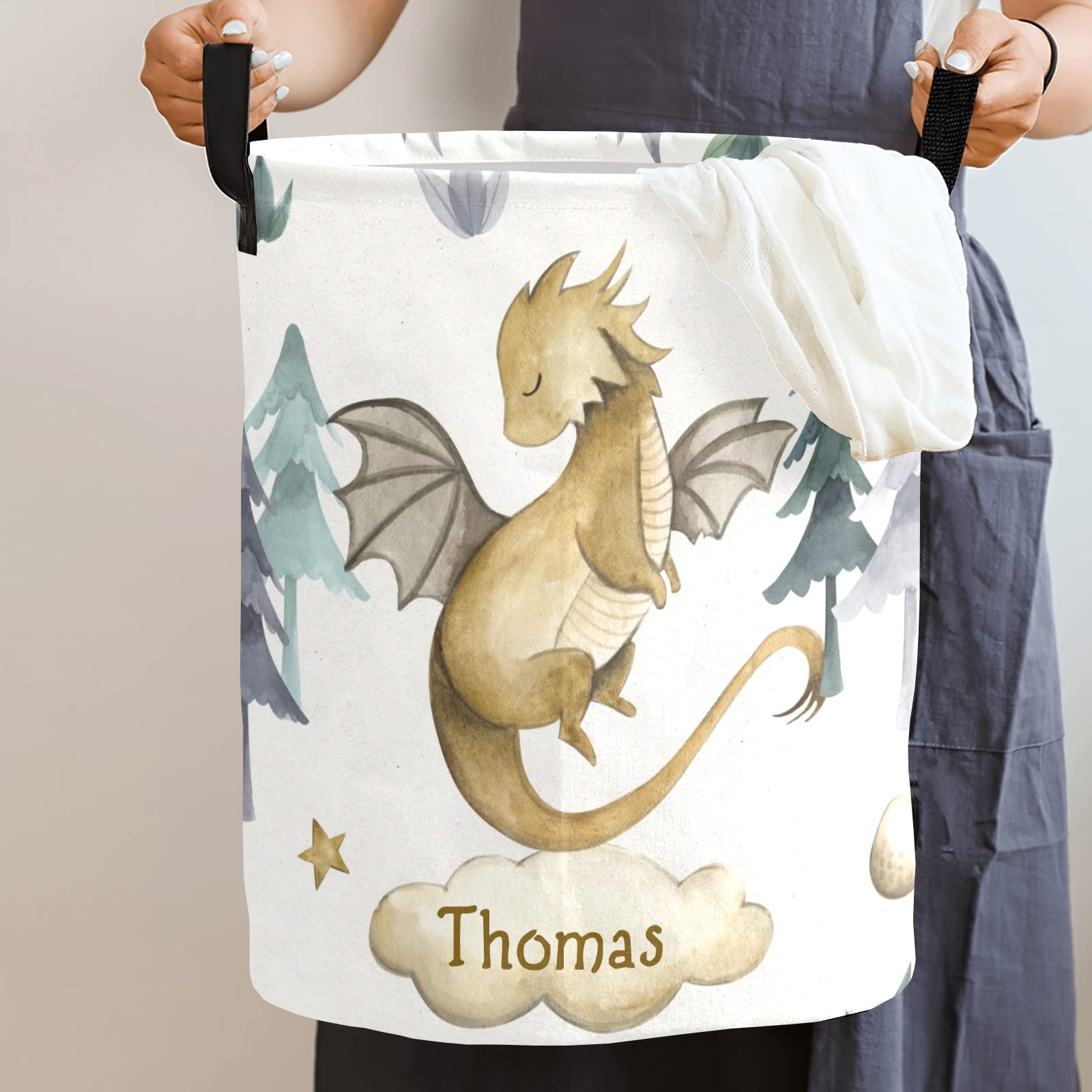 Cute Flying Dragon Personalized Laundry Hamper,Custom Name Collapsible Waterproof Laundry Basket Storage Bins with Handle for Clothes,Toy,Nursery